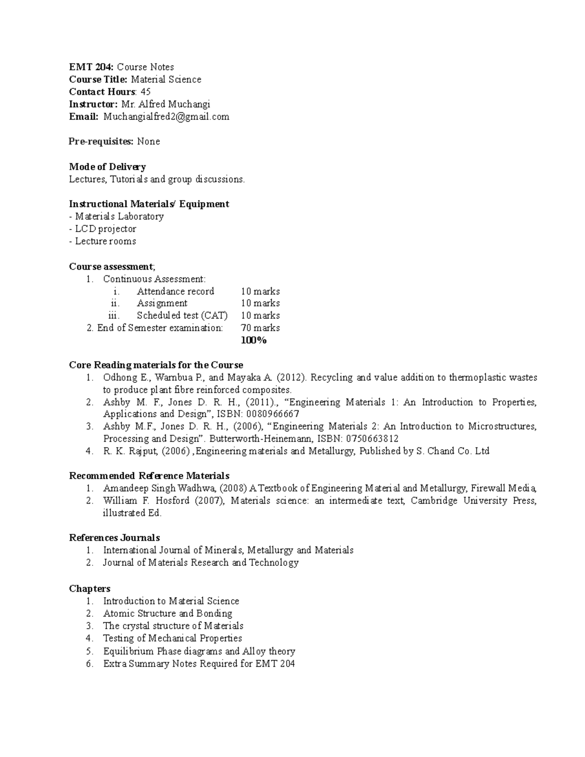 EMT 204 Material Science Notes and Exercises - EMT 20 4 : Course Notes ...