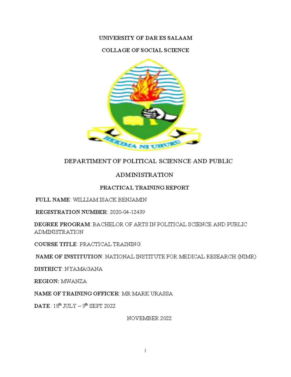 Mackly'S Macjaz DOC - Field work report - UNIVERSITY OF DAR ES SALAAM ...