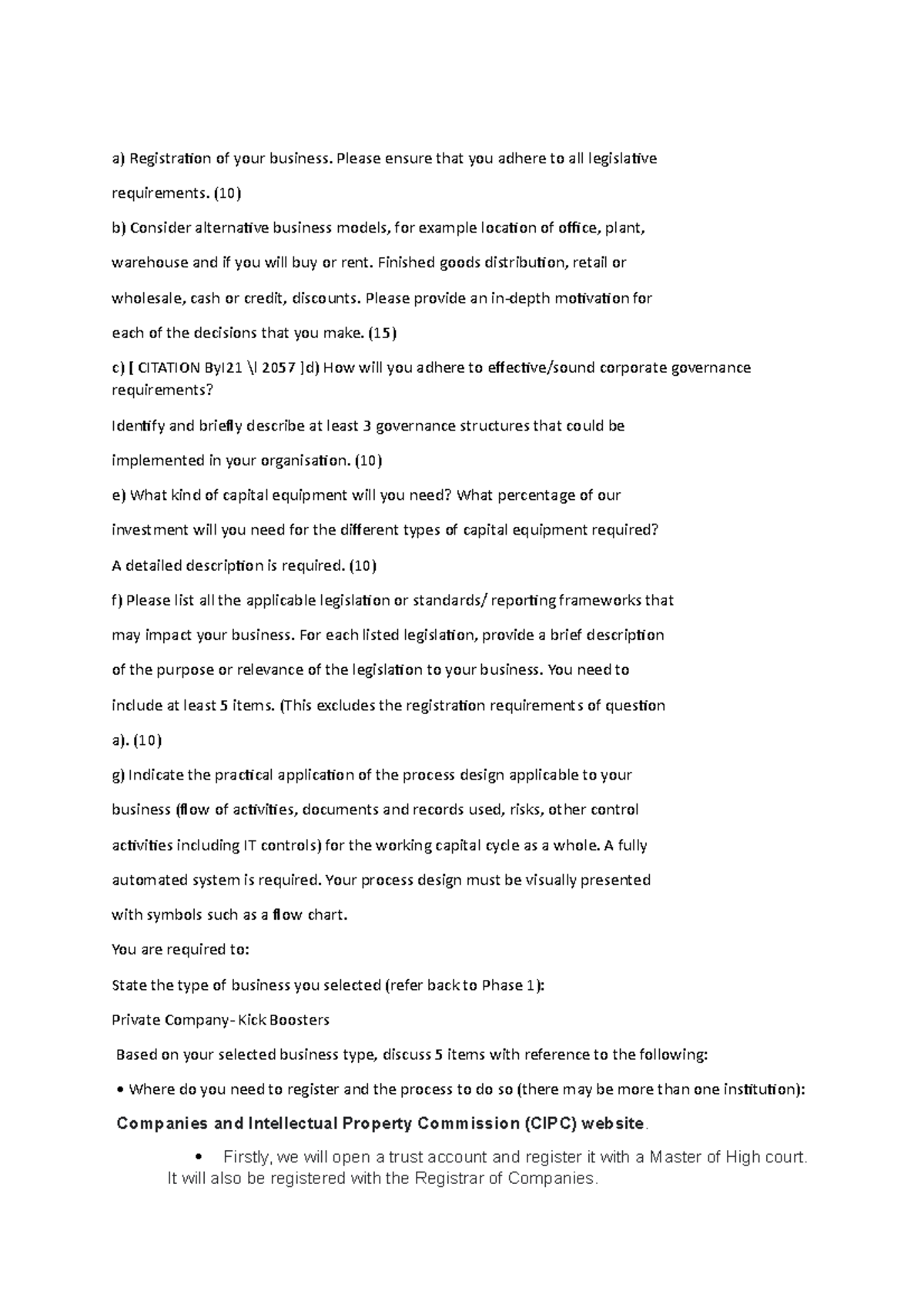 Questions for phase 2 - a) Registration of your business. Please ensure ...
