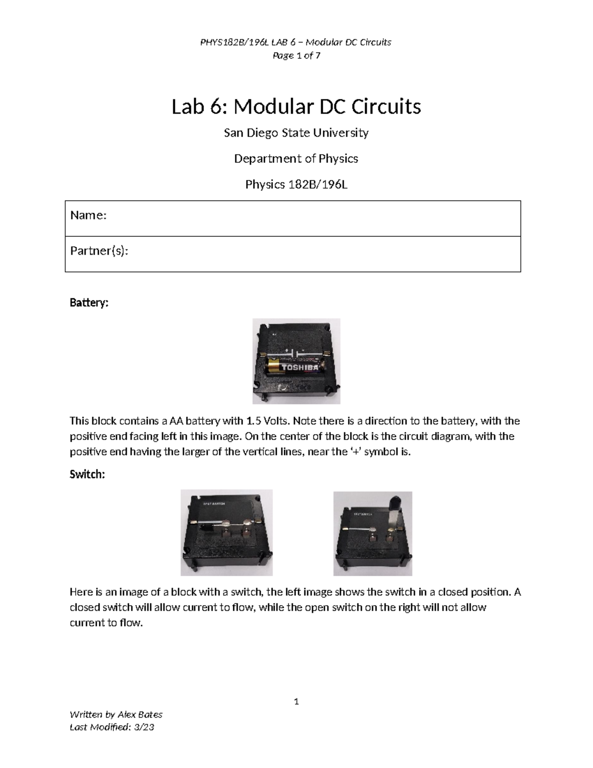 EXP6 PHYS182B 196L Modular DC Circuits - Page 1 of 7 Lab 6: Modular DC Circuits San Diego State ...
