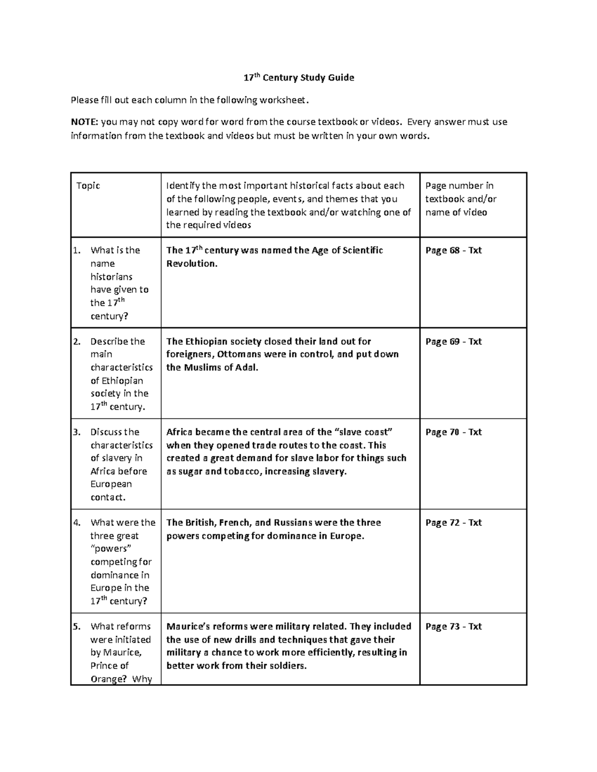 17th Century Study Guide - 17 th Century Study Guide Please fill out ...