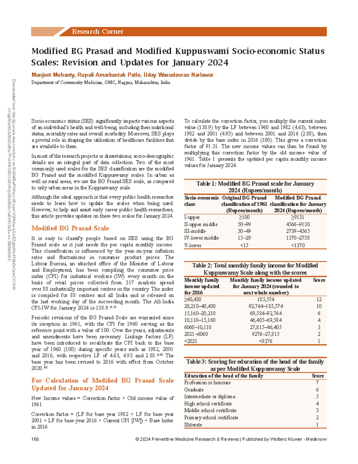 Modified bg prasad and modified kuppuswami - 166 © 2024 Preventive ...