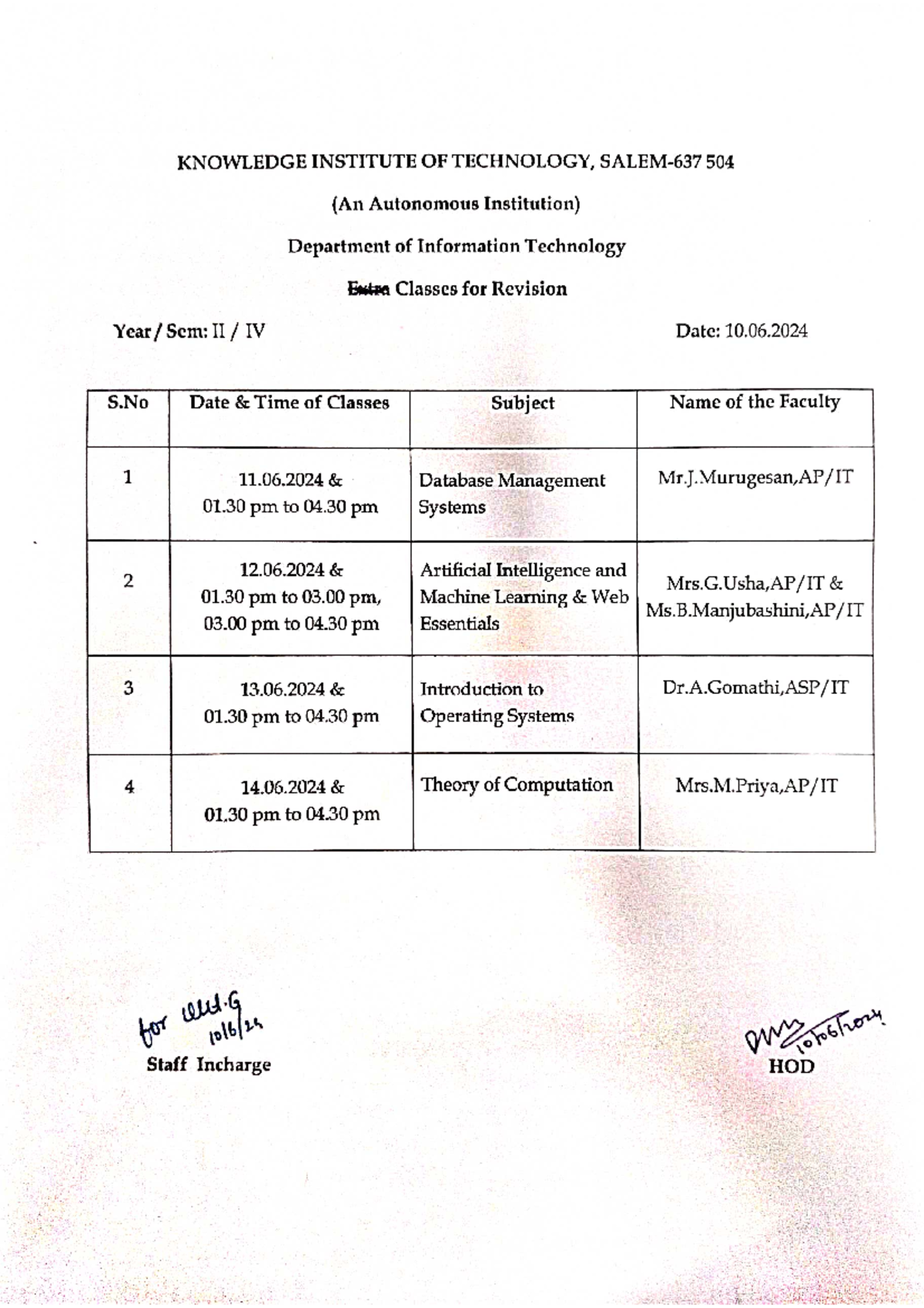 Revision classes - KNOWLEDGE INSTITUTE OF TECHNOLOGY, 504 (An ...