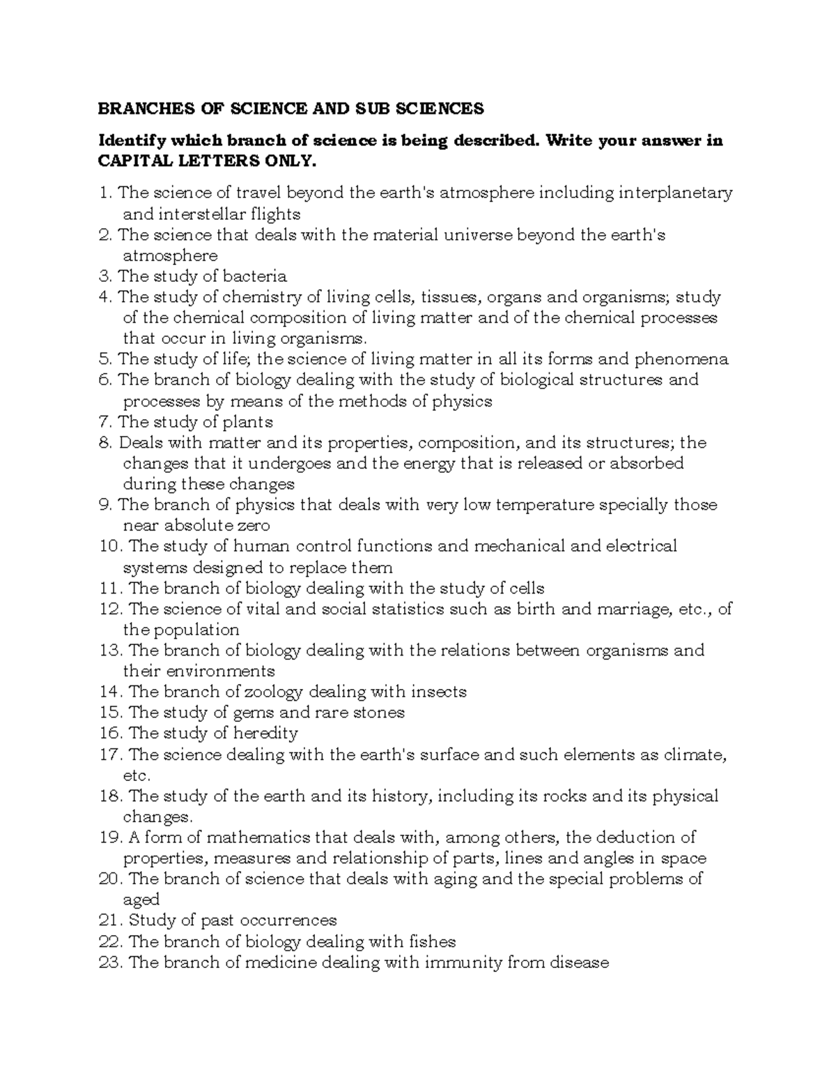 Lesson 4 Activity 3 - Hard - BRANCHES OF SCIENCE AND SUB SCIENCES ...