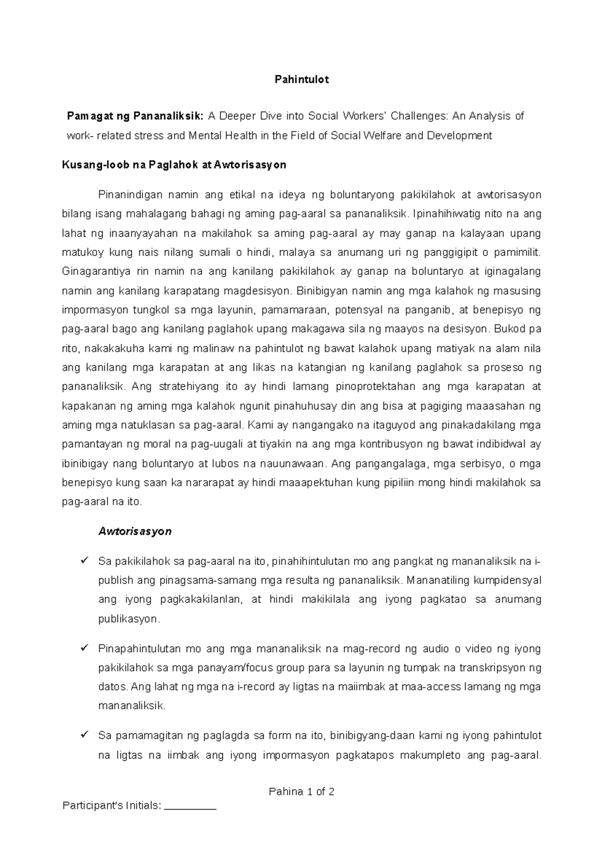 Informed-Consent-Tagalog - Pahintulot Pamagat ng Pananaliksik: A Deeper ...