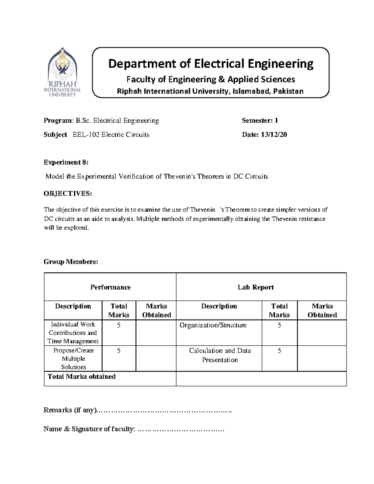 Electric Circuit Lab EEL-102 Report 08 - Department of Electrical ...