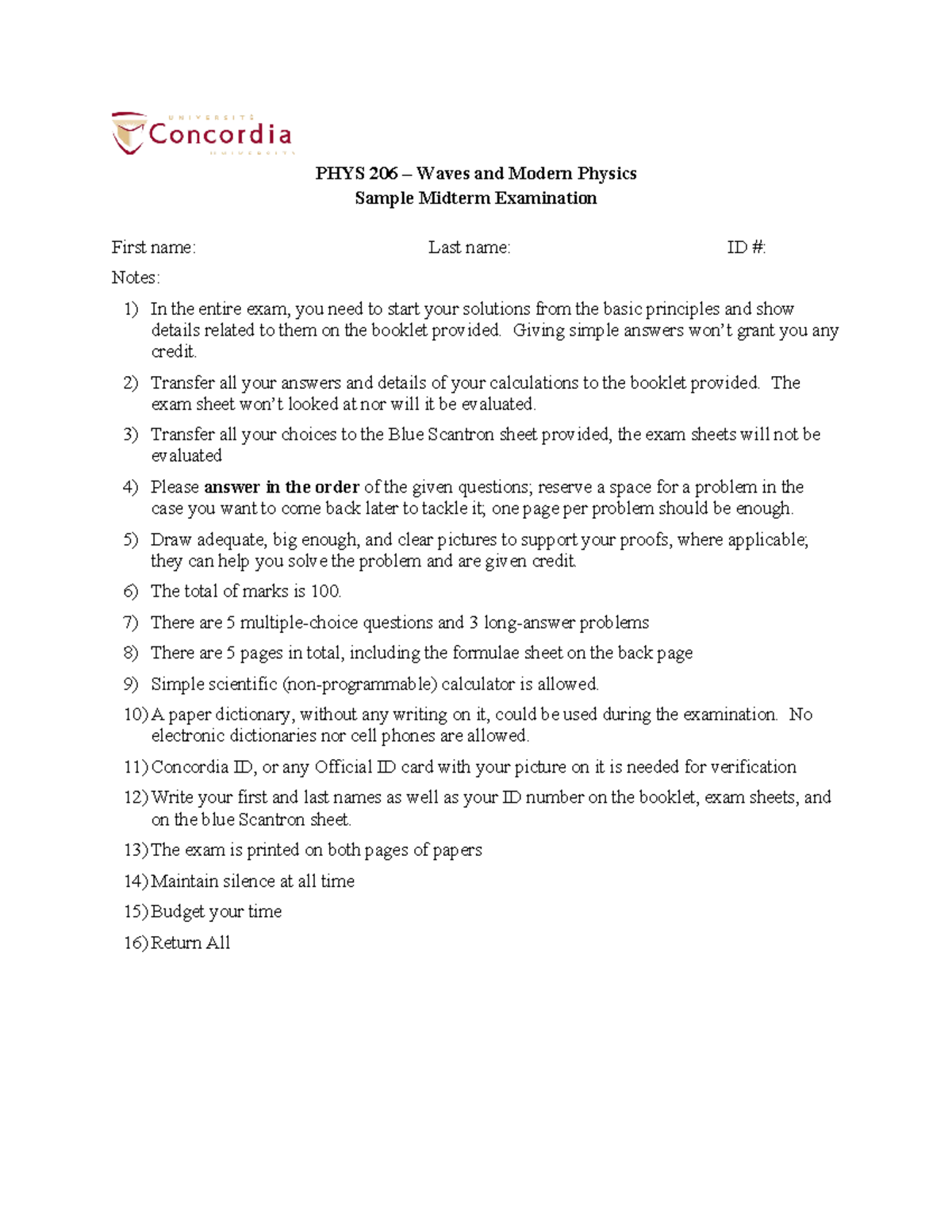Phys 206 Sample Midterm Exam Fall 2022 Hand Written Solutions Without The Text Phys
