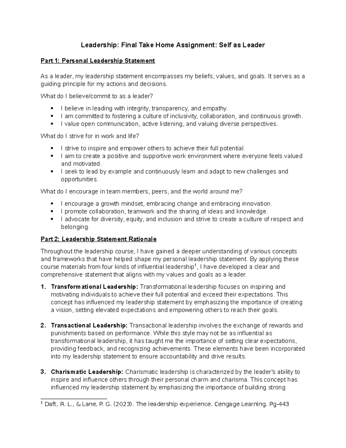Leadership assignment Self as leader - Leadership: Final Take Home ...