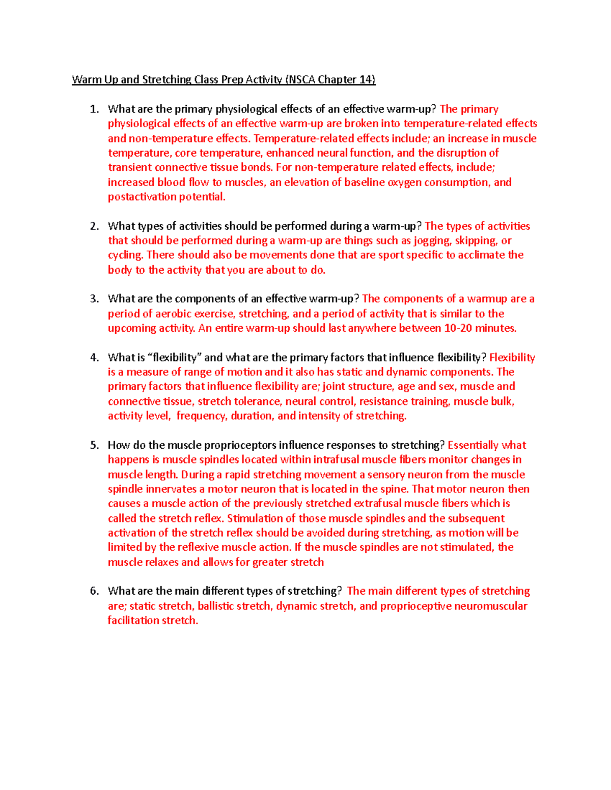 Warm Up and Stretching Class Prep Activity - Temperature-related ...