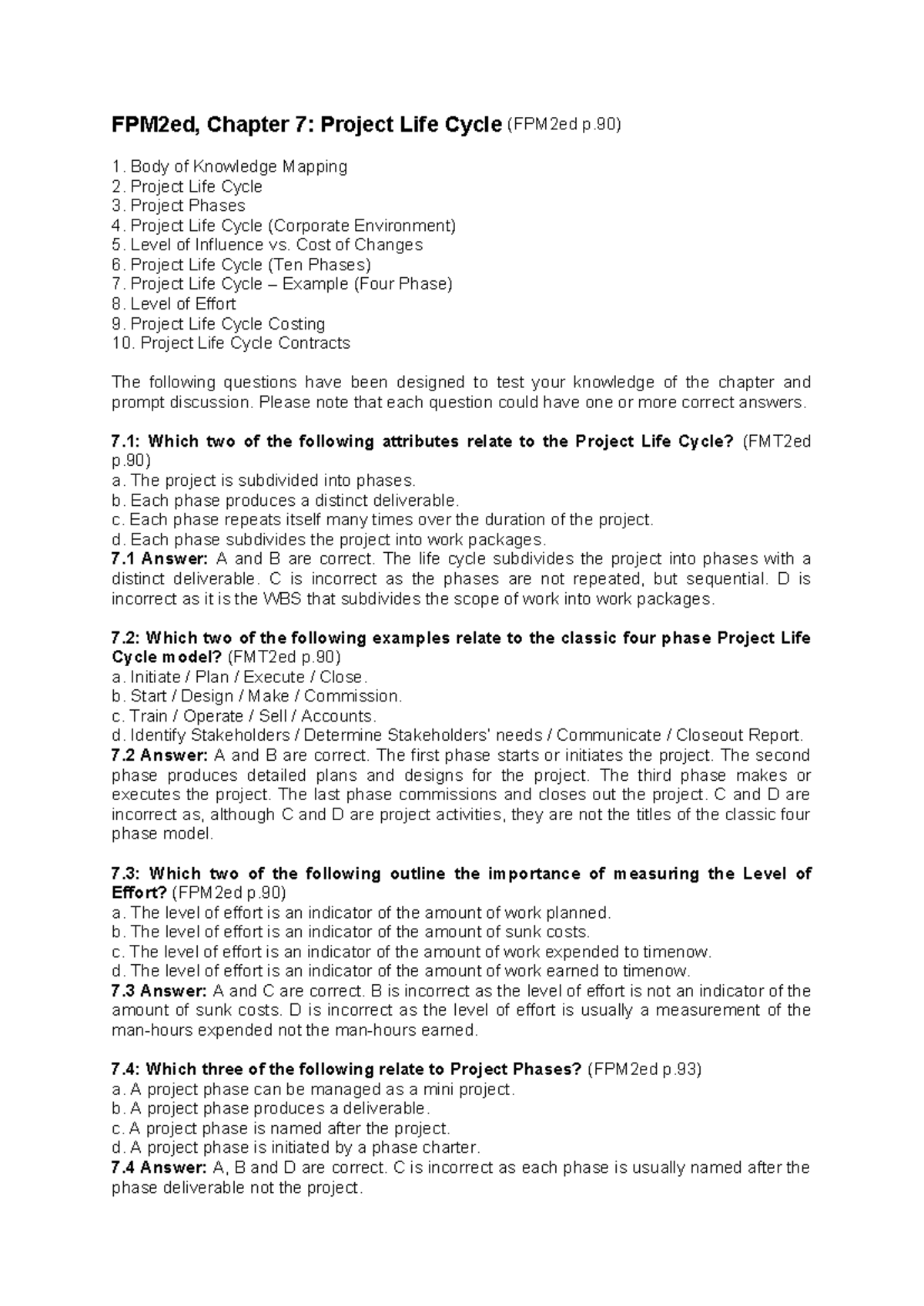 FPM2ed MCQ 07 Project Life Cycle Rev 0 - FPM2ed, Chapter 7: Project Life Cycle (FPM2ed p) Body ...