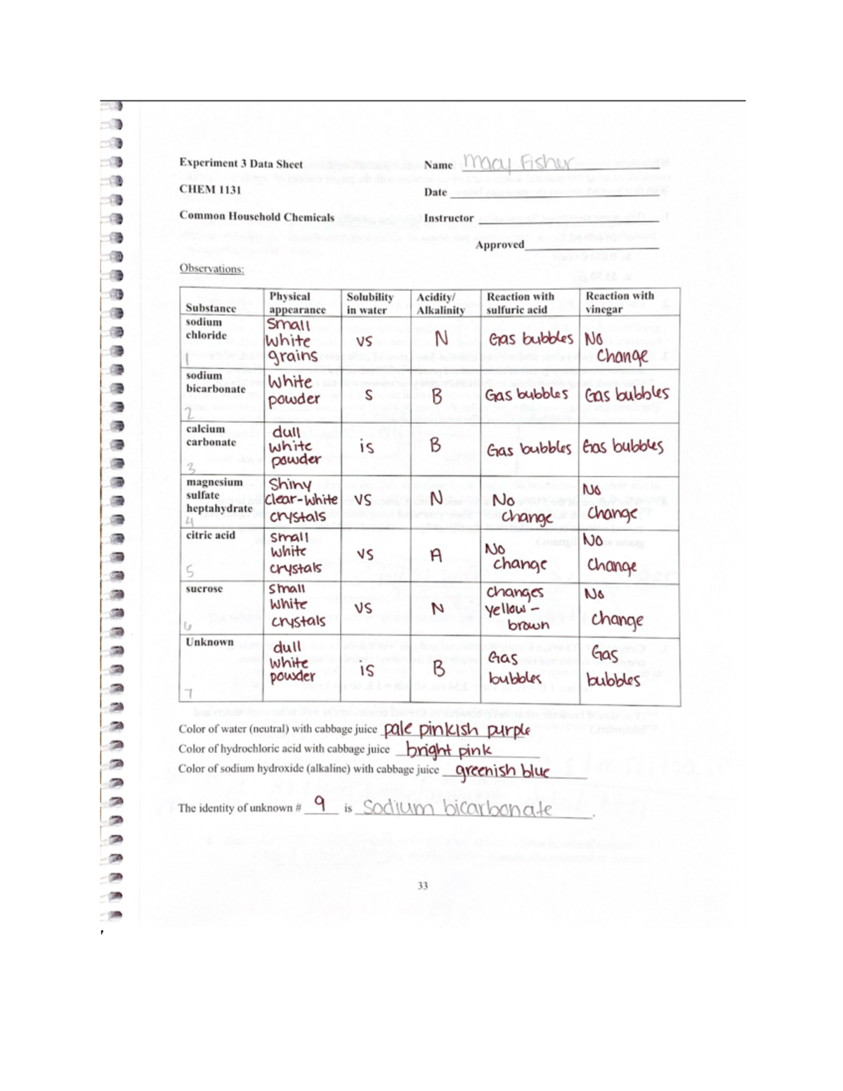 9 - lab - Experiment 3 Data Sheet Name macy Fisher CHEM 1131 Date ...