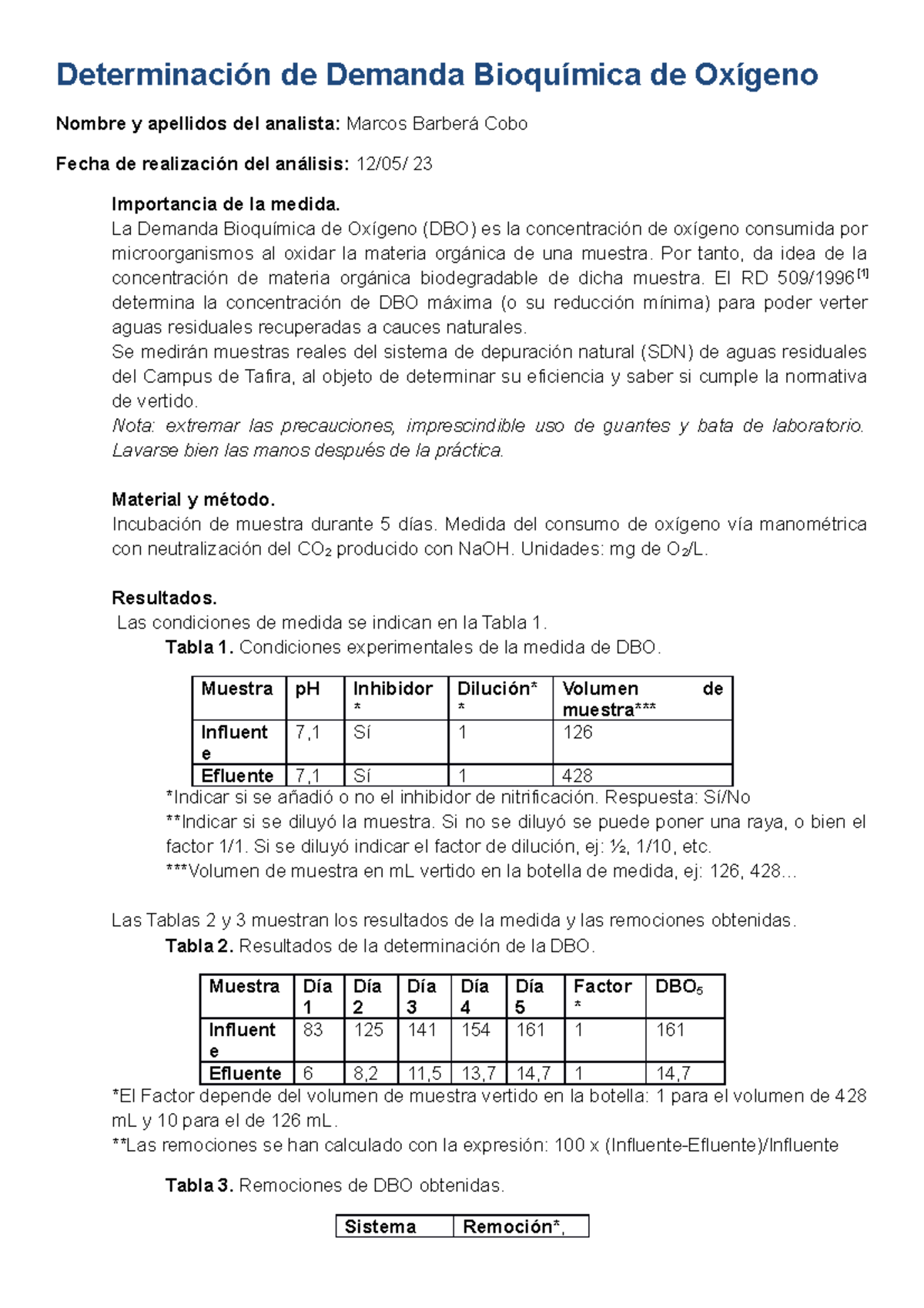 DBO5 - informe - Determinación de Demanda Bioquímica de Oxígeno Nombre ...