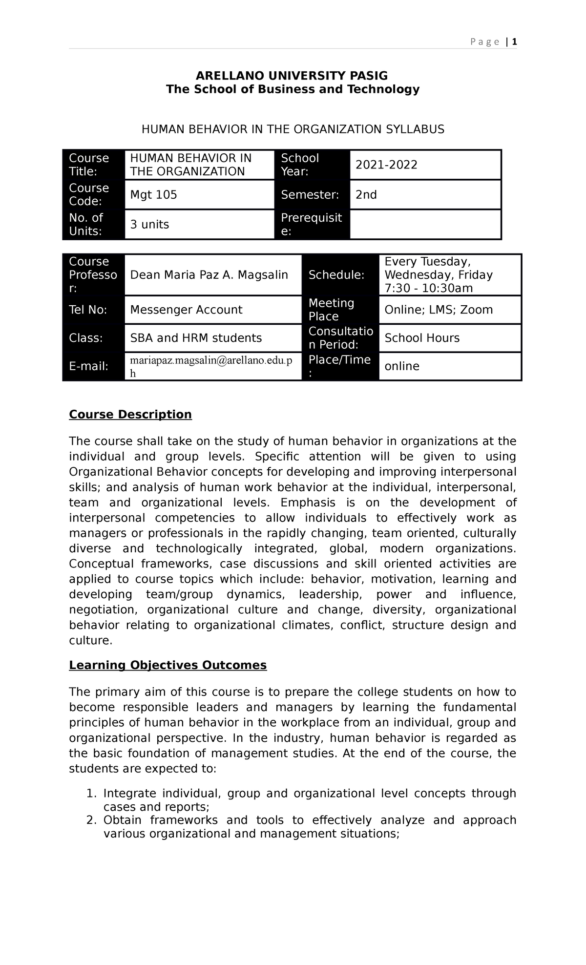 HBO Syllabus for College - ARELLANO UNIVERSITY PASIG The School of ...