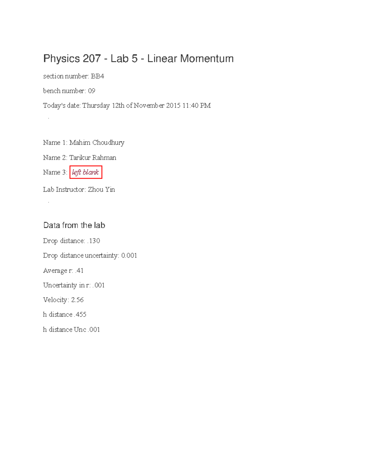 Lab Report 5 - Physics 207 - Lab 5 - Linear Momentum section number: BB ...