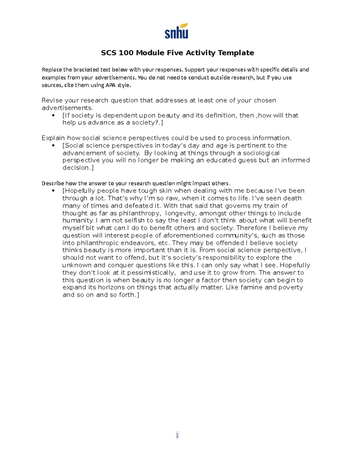 SCS 100 Module Five Activity Template - SCS 100 Module Five Activity Template Replace the ...