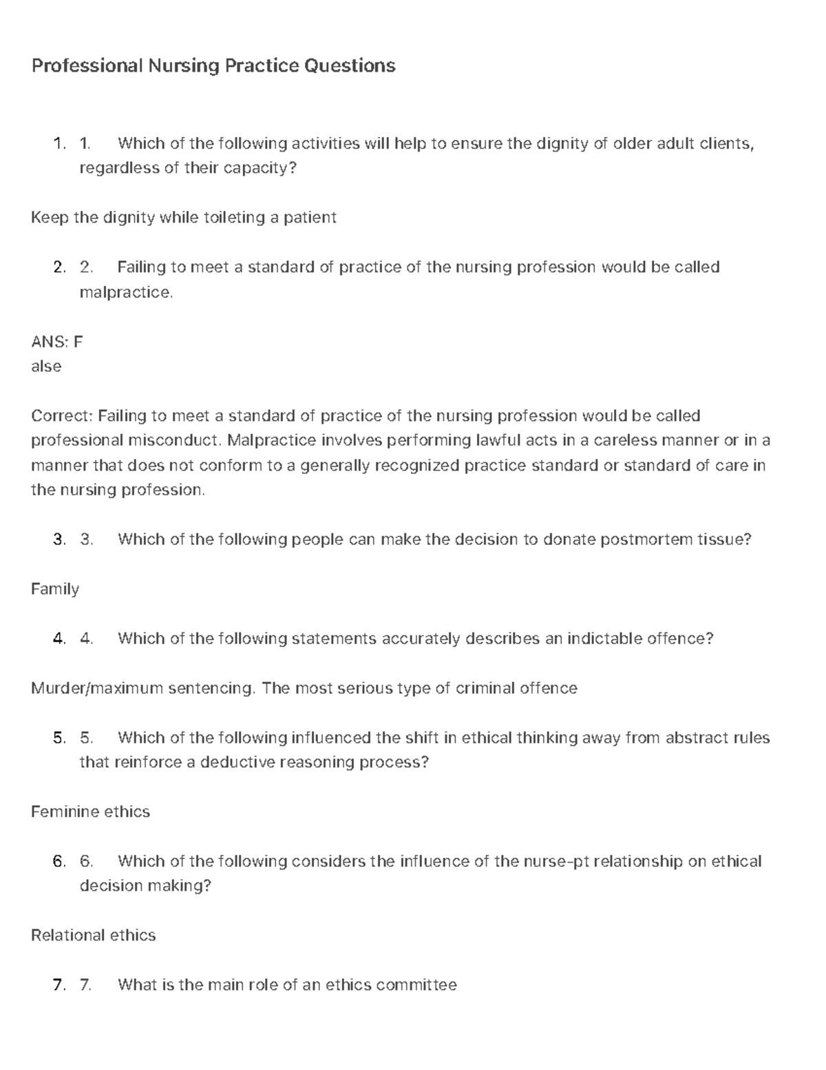 Professional Nursing Practice Questions - 1. 2. 3. 4. 5. 6. 7 ...