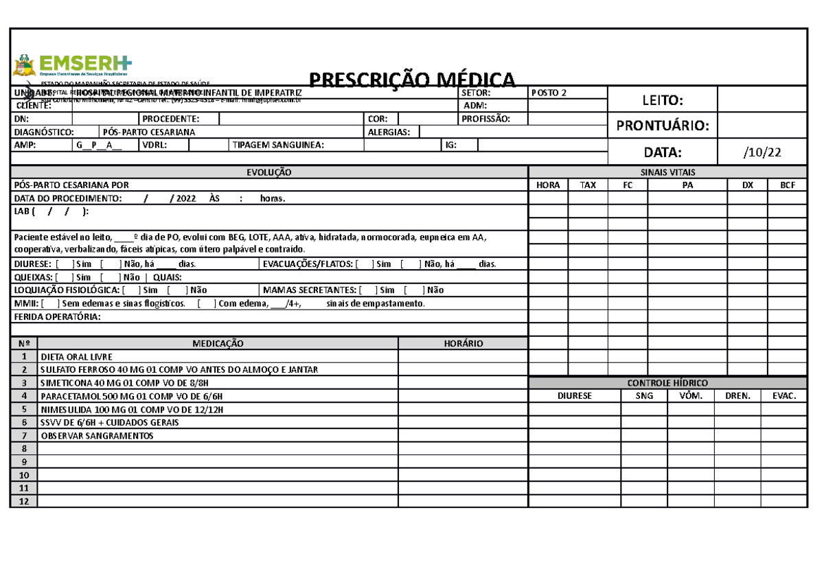 Modelo Pós-Parto Cesariana - UNIDADE: HOSPITAL REGIONAL MATERNO ...