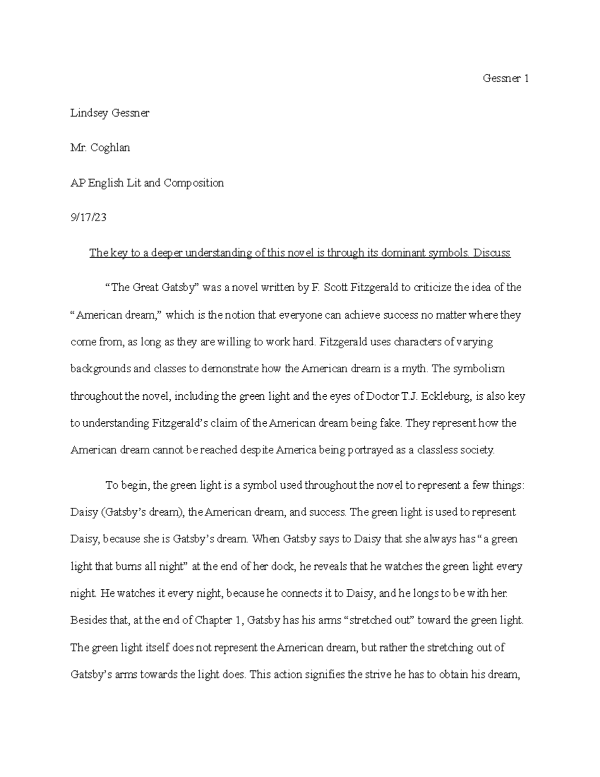 Symbolism of The Great Gatsby - Gessner 1 Lindsey Gessner Mr. Coghlan ...