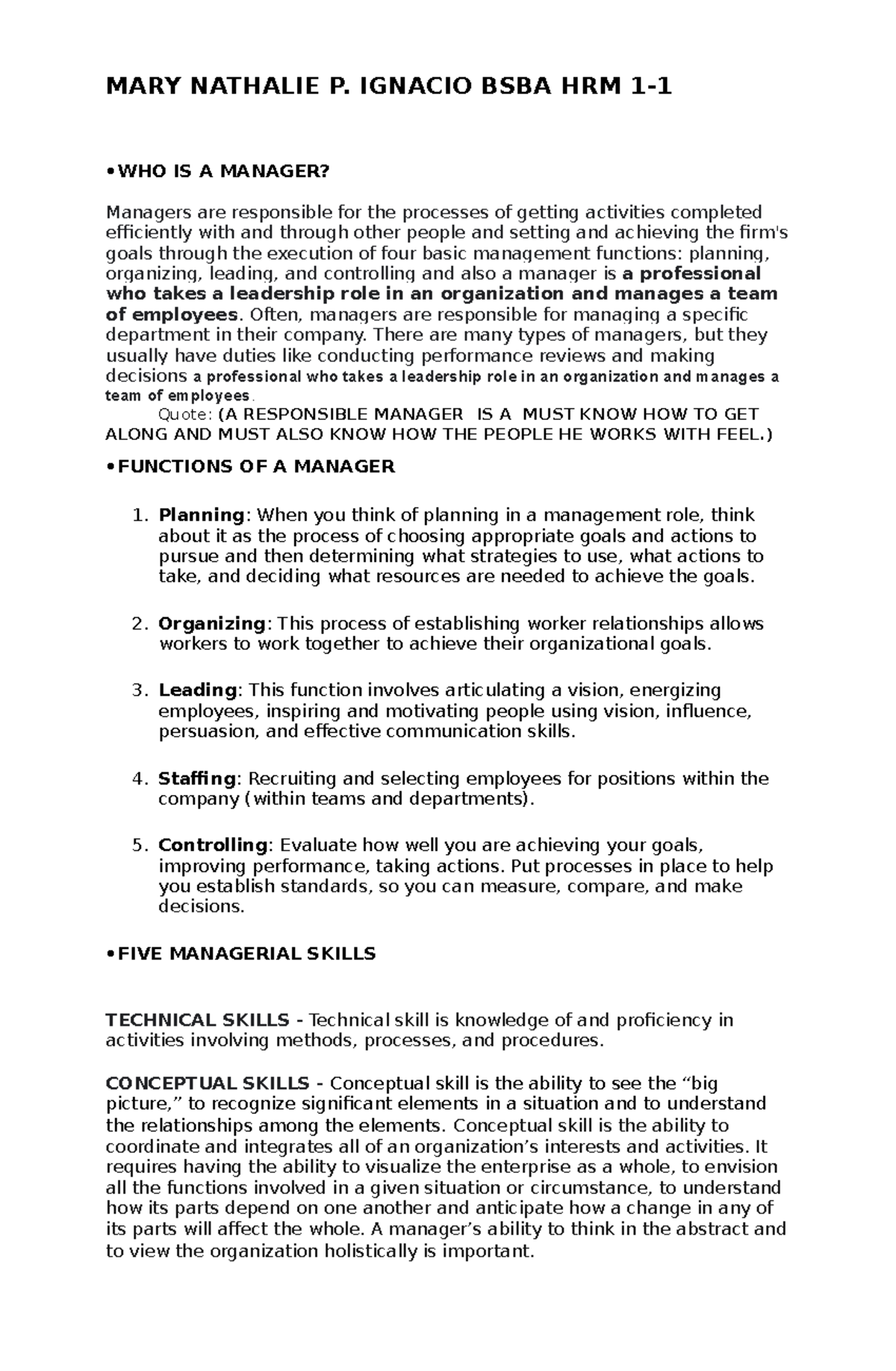 Principles OF Management AND Organization - MARY NATHALIE P. IGNACIO ...