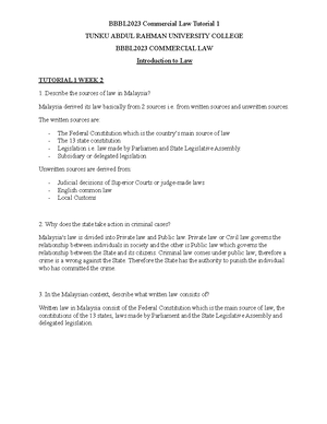 Tutorial 1 CL - TUNKU ABDUL RAHMAN UNIVERSITY COLLEGE BBBL 2043 CORPORATE LAW TUTORIAL 1: WEEK 2 ...