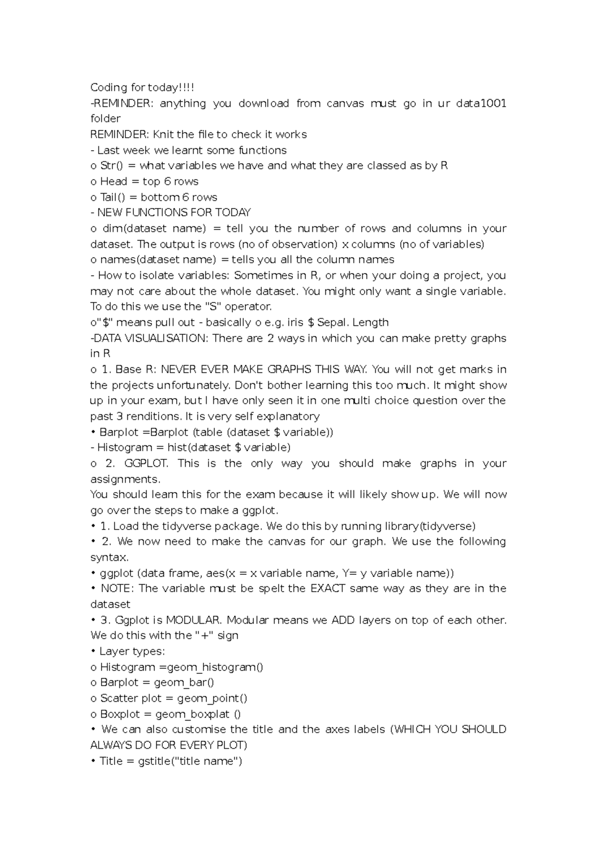 Topic 2 lab notes - Coding for today!!!! -REMINDER: anything you ...