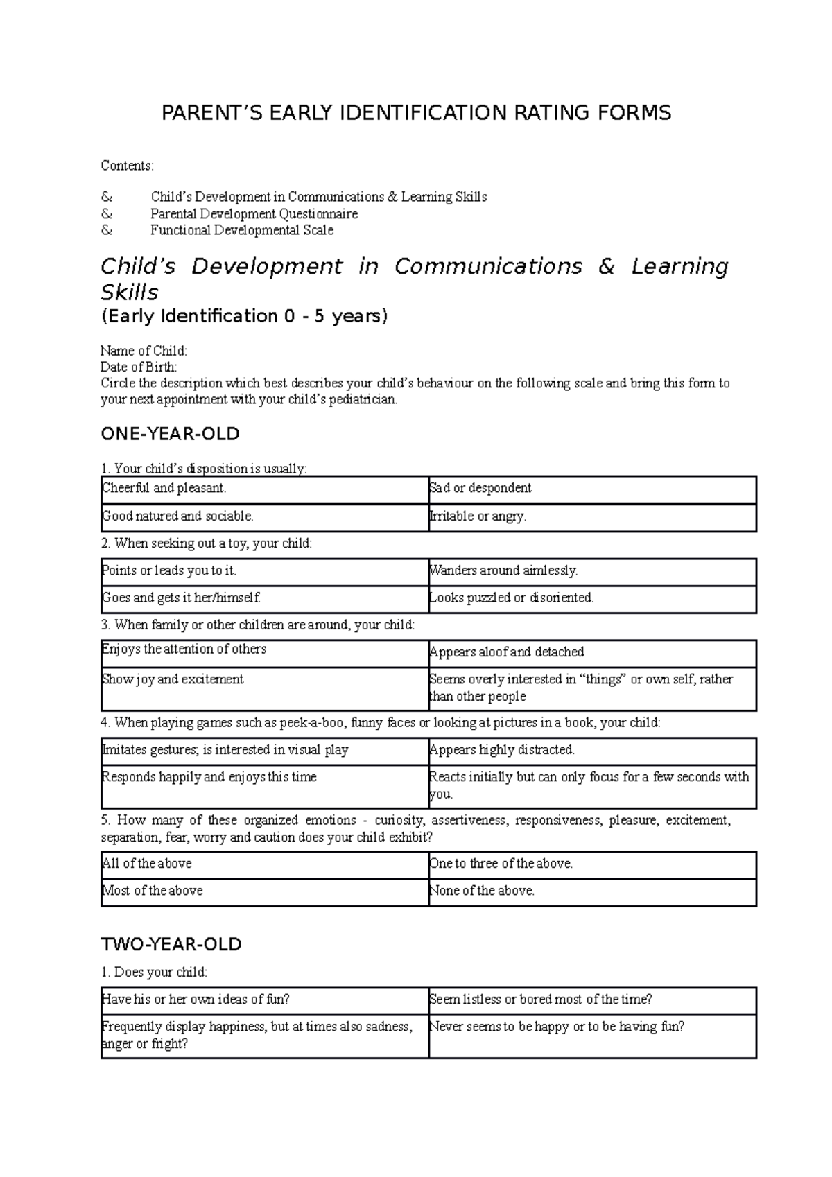Parent - PARENT’S EARLY IDENTIFICATION RATING FORMS Contents: & Child’s ...