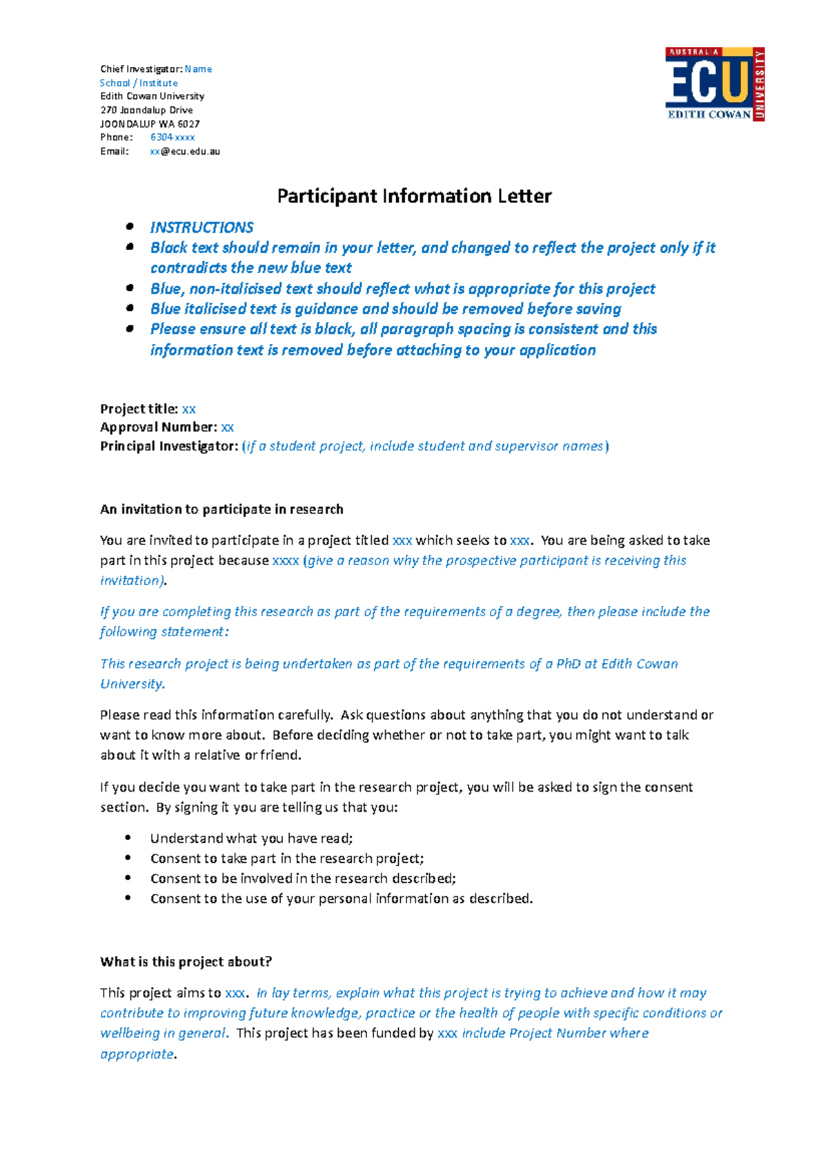 Template Participant Information Letter - Chief Investigator: Name ...