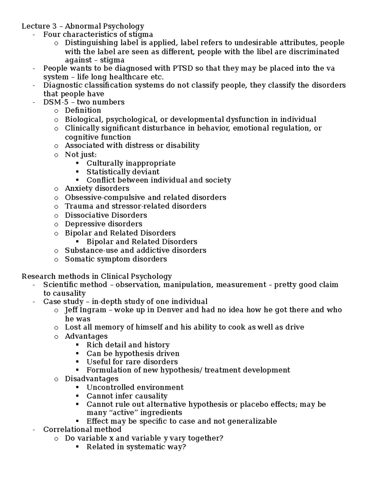 Lecture 3 Notes - Lecture 3 – Abnormal Psychology - Four ...