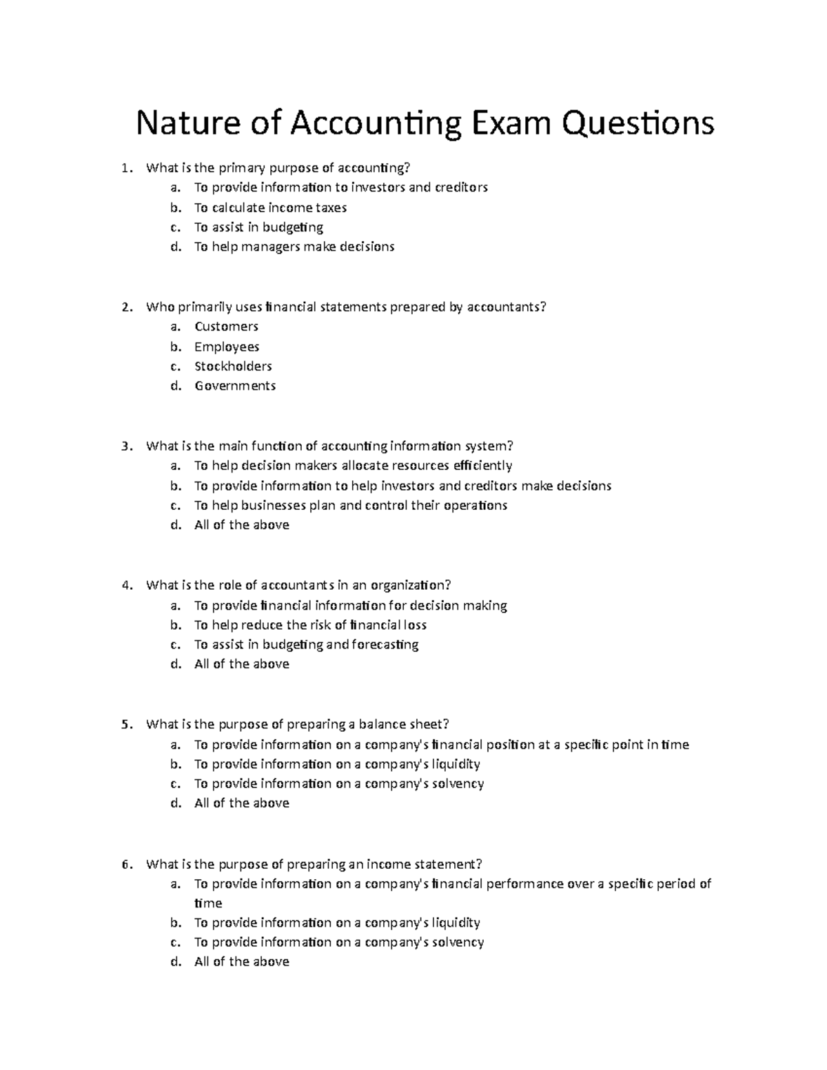 Nature of Accounting Exam Questions - To provide information to ...