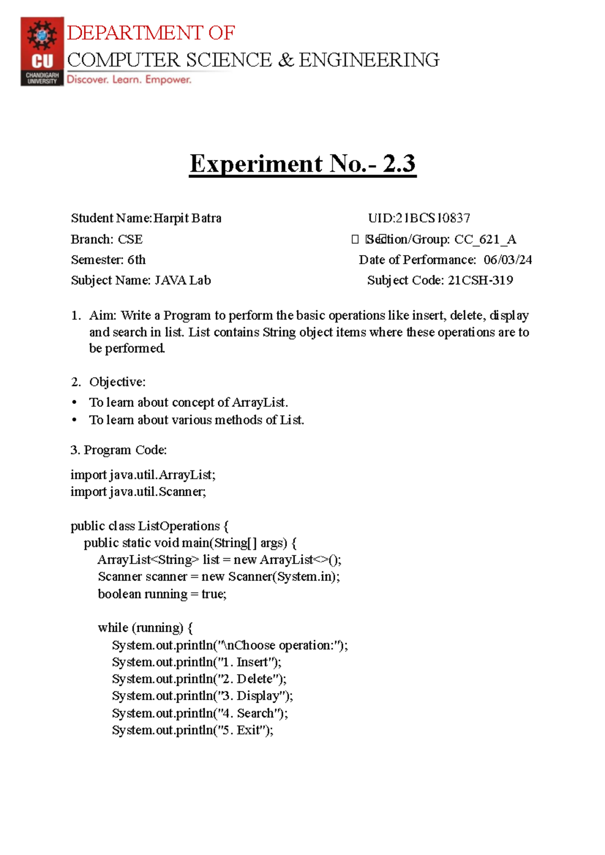 Java 2.3 harpit - DEPARTMENT OF COMPUTER SCIENCE & ENGINEERING Experiment No.- 2. Branch: CSE ...