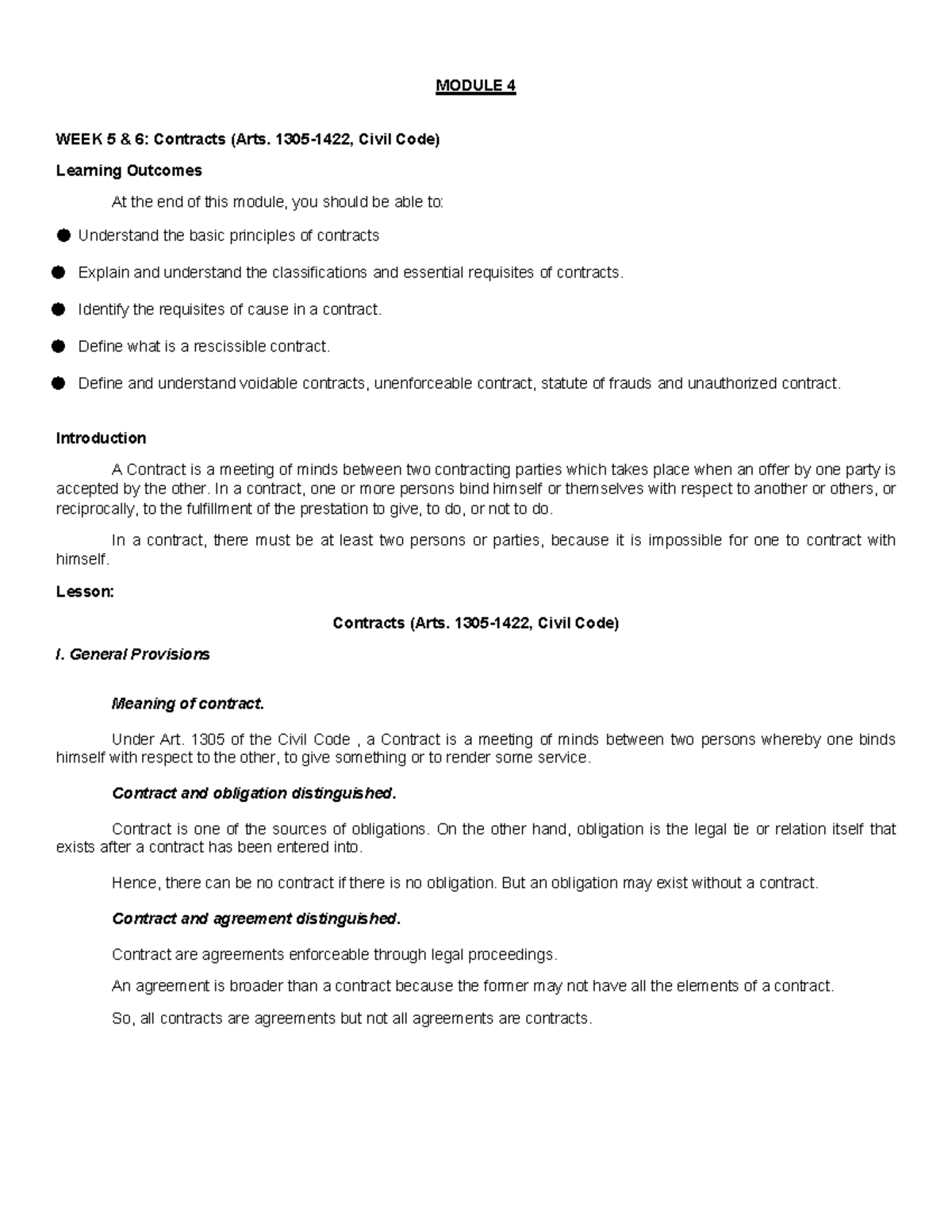 Law on contracts - NOTES - MODULE 4 WEEK 5 & 6 : Contracts (Arts. 1305 ...