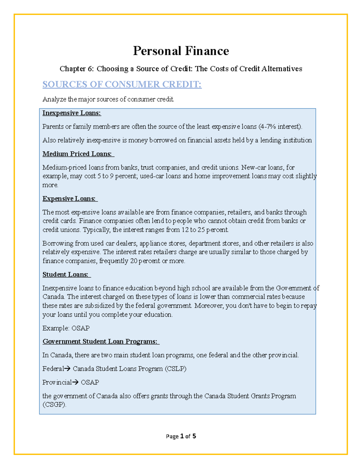Personal Finance Ch 6 Note - Personal Finance Chapter 6: Choosing a ...