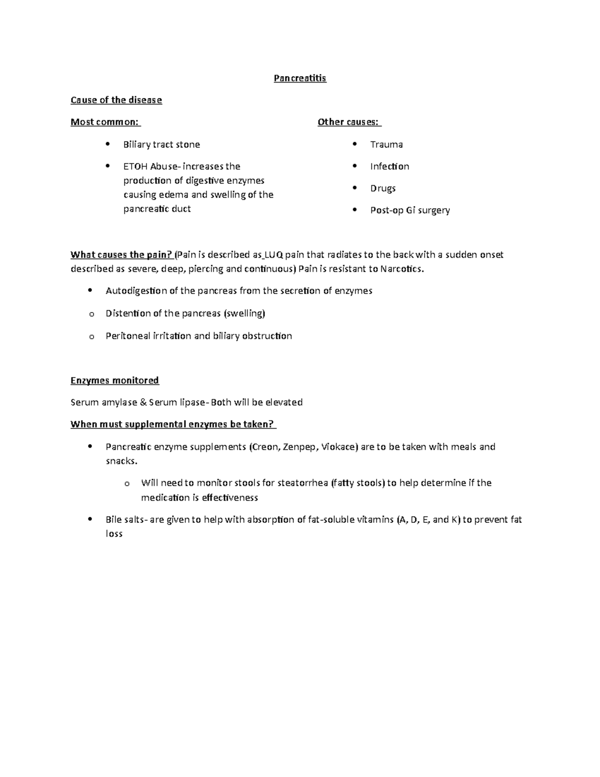 Pancreatitis study notes ( key points) - Pancreatitis Cause of the ...