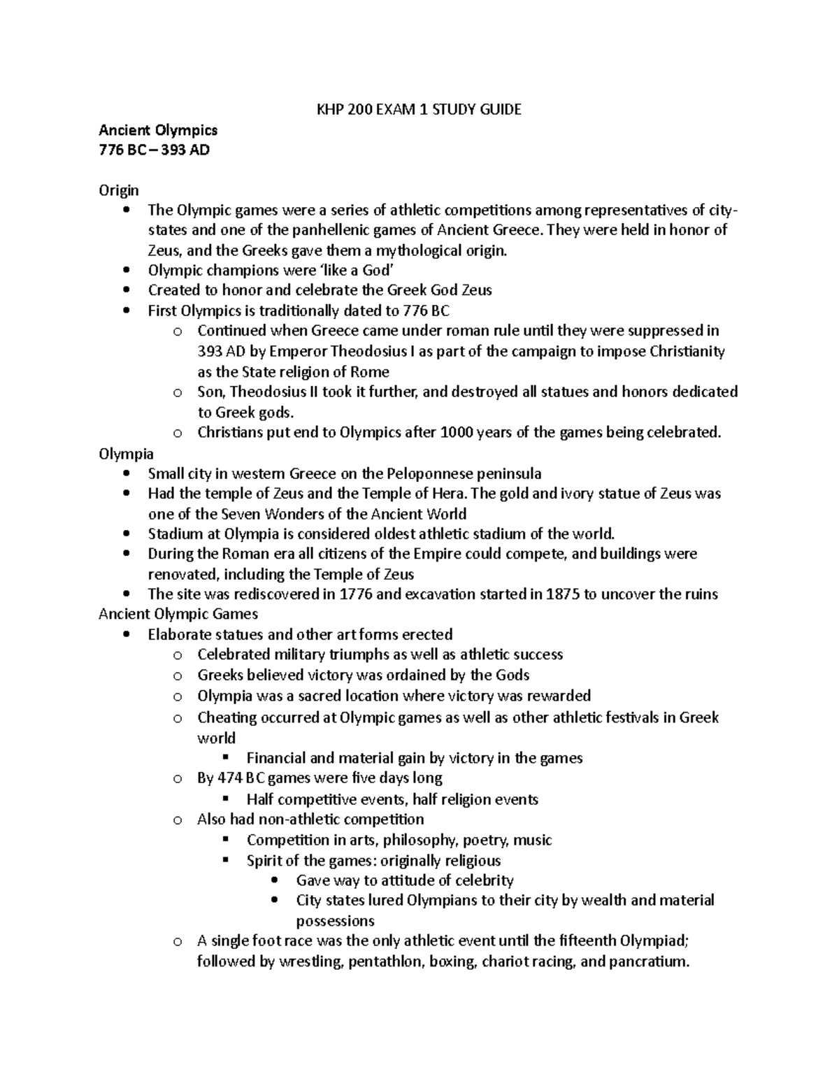 KHP 200 Exam 1 Study Guide - KHP 200 EXAM 1 STUDY GUIDE Ancient ...