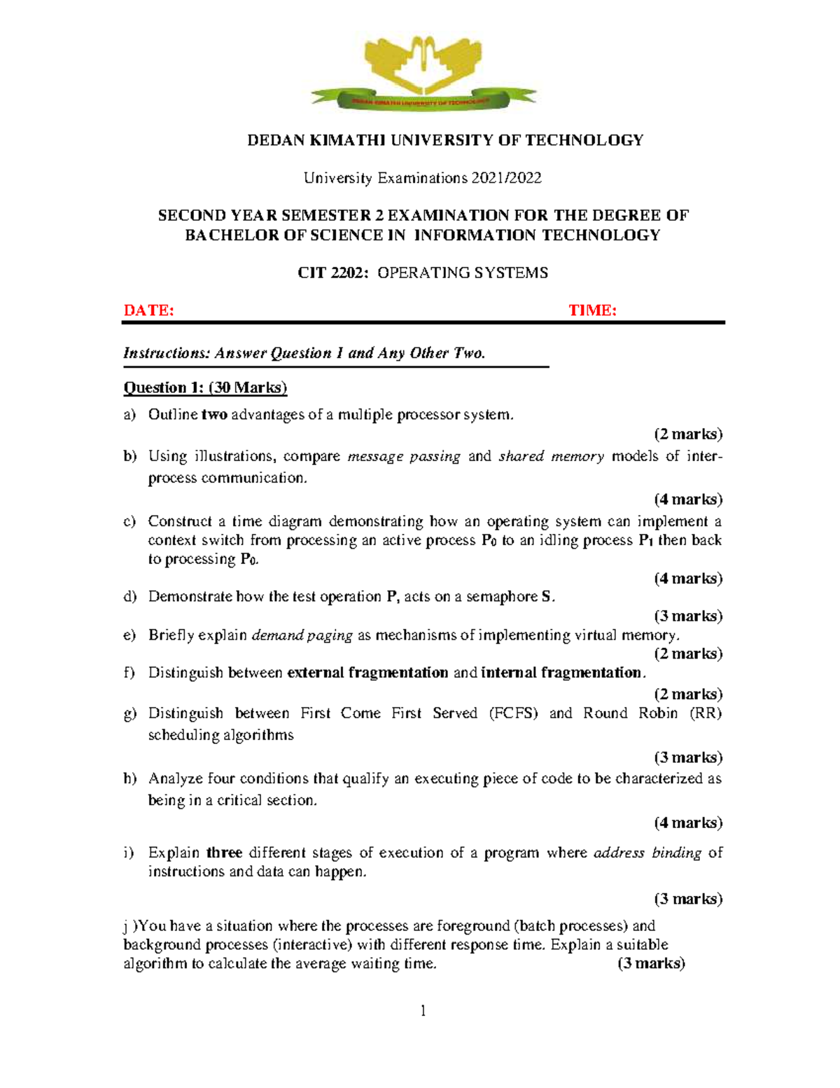 CIT 2202 Operating Systems draft exam - 1 DEDAN KIMATHI UNIVERSITY OF ...
