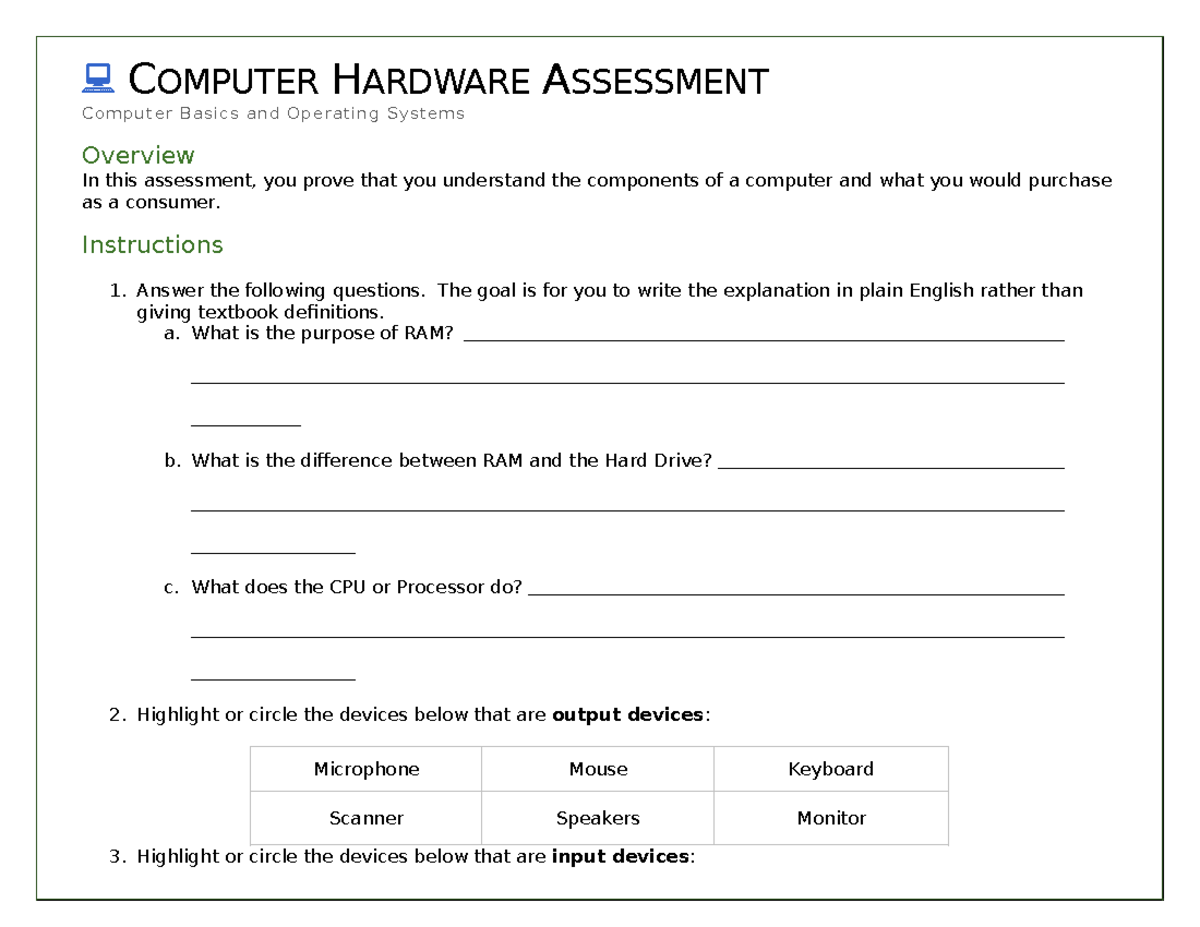Computer-Hardware-Assessment - COMPUTER HARDWARE ASSESSMENT Computer ...