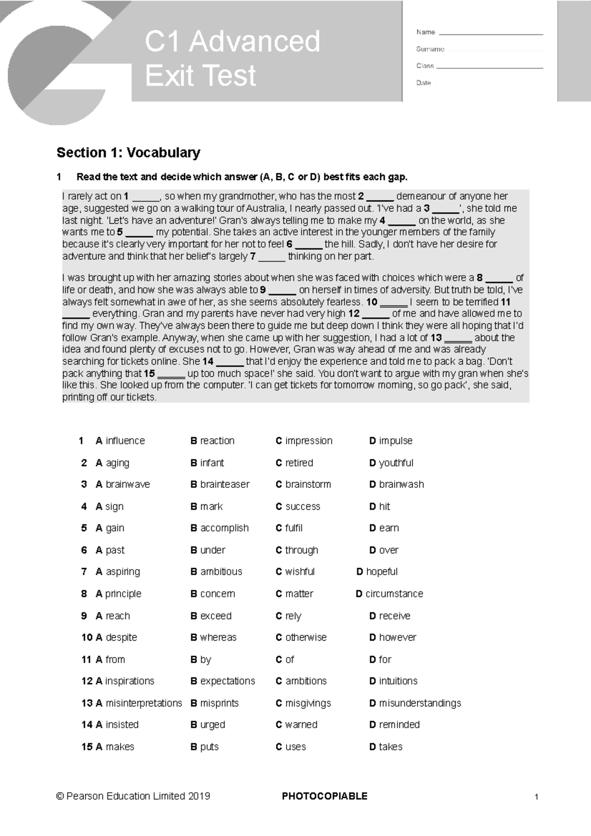 Gold C1 Advanced NE ET - Extra Practice - Section 1: Vocabulary 1 Read the text and decide which ...
