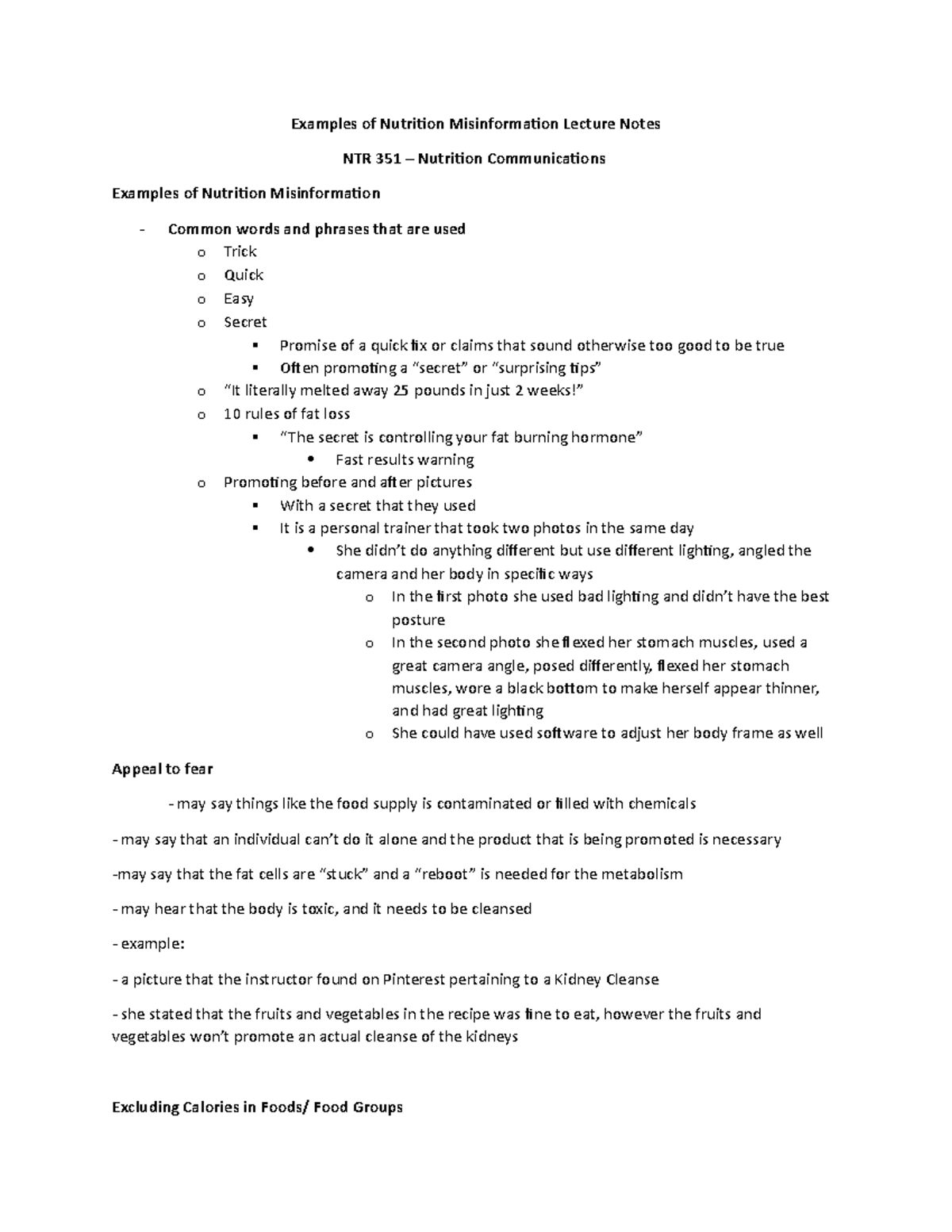 Examples of Nutrition Misinformation Lecture Notes - NTR 351 - Studocu