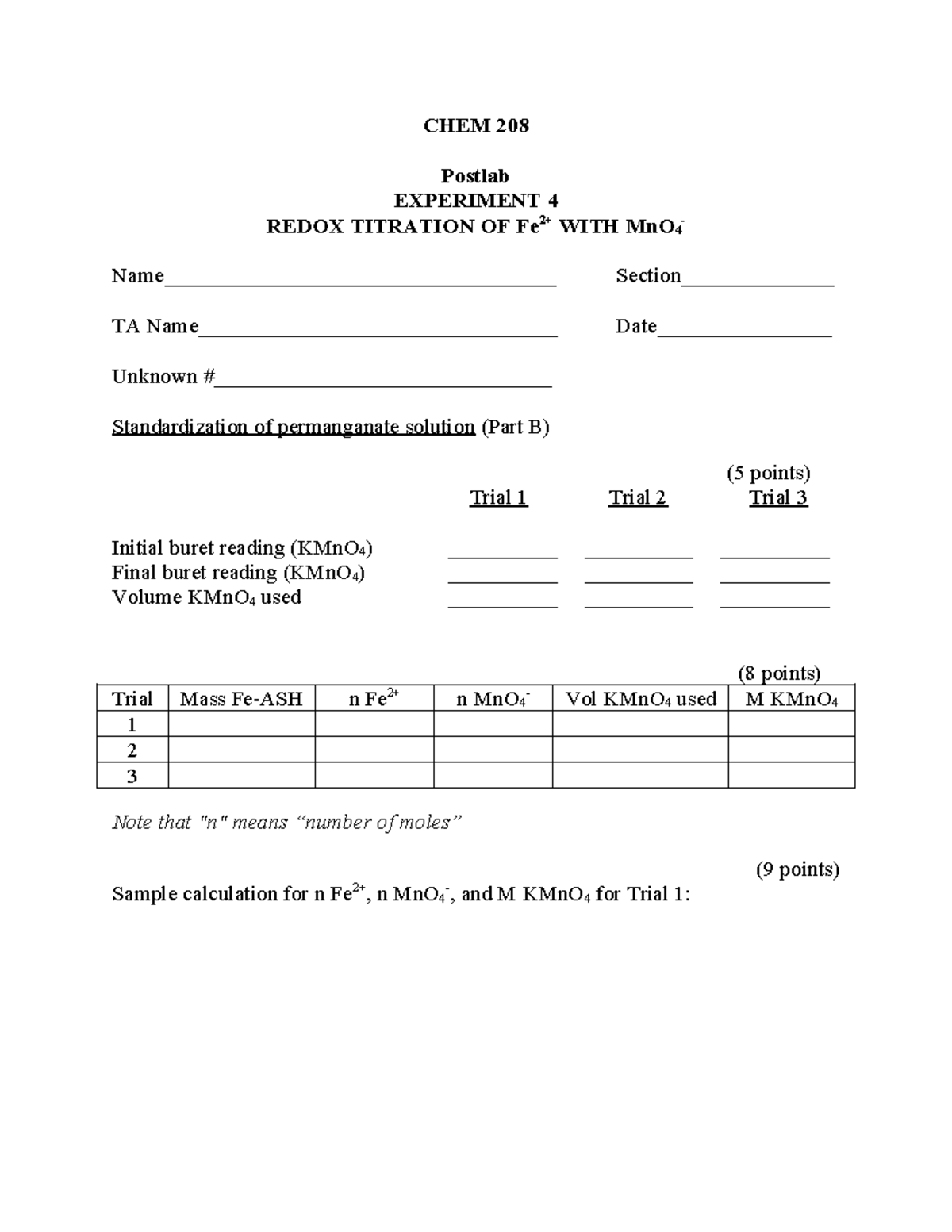 Experiment 4 - Redox Titration - Postlab - CHEM 208 Postlab EXPERIMENT ...