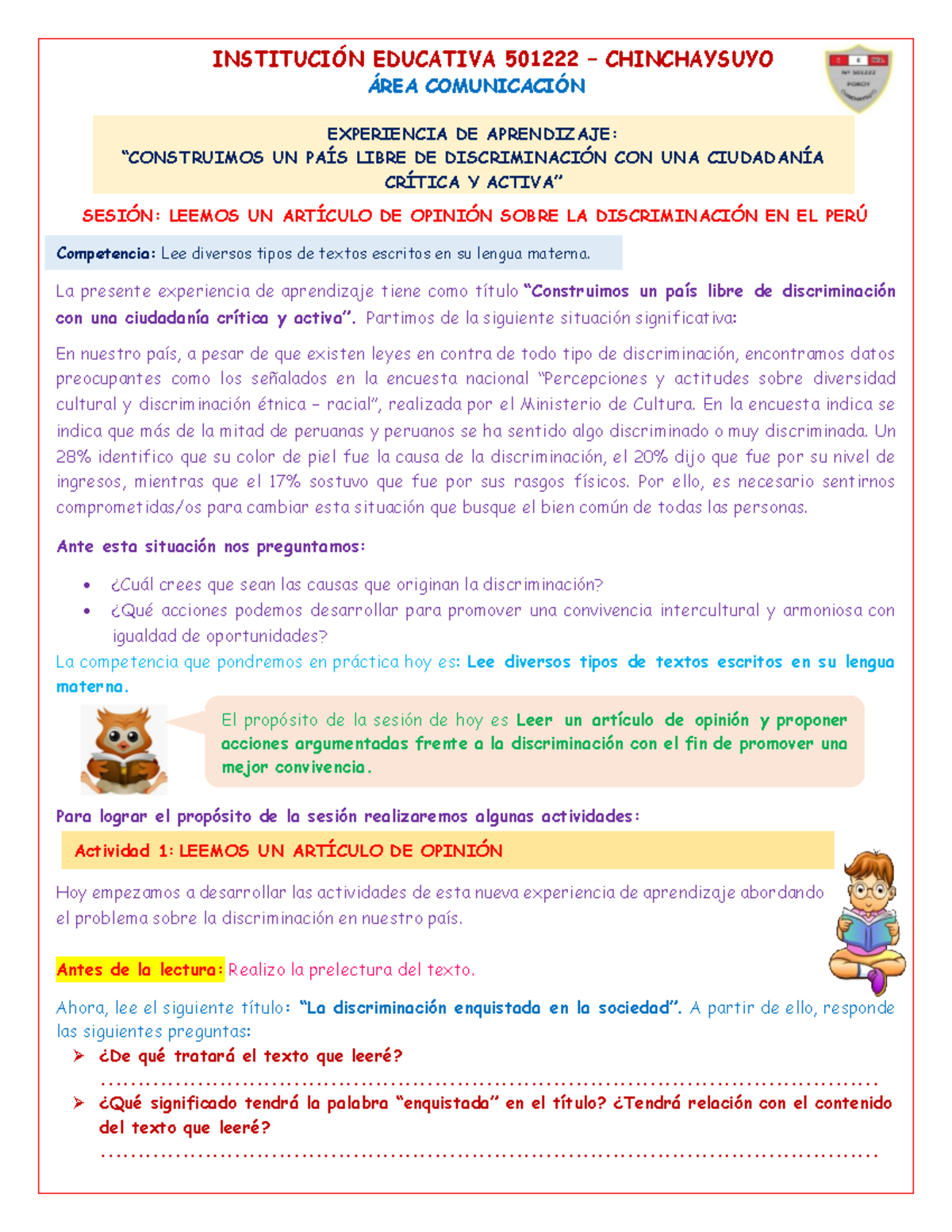Ficha 1 - Siiiiii - INSTITUCI”N EDUCATIVA 501222 – CHINCHAYSUYO ¡REA COMUNICACI”N SESI”N: LEEMOS ...