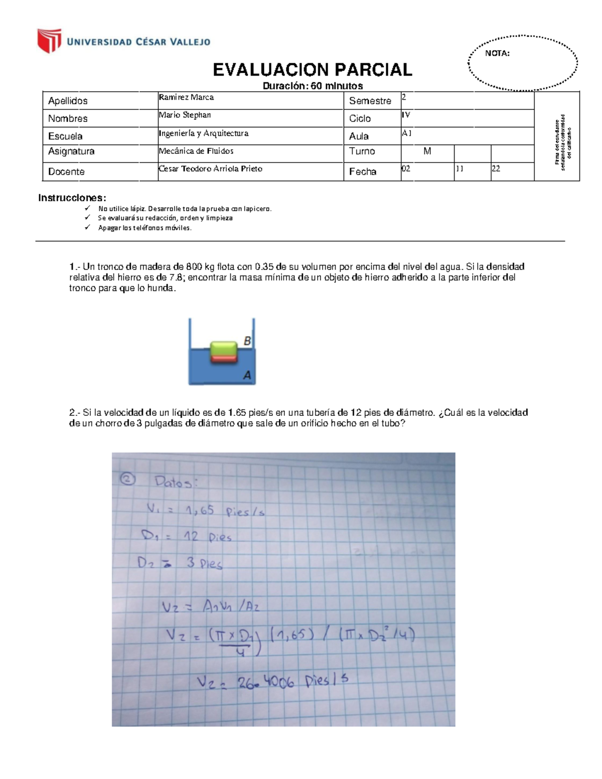 Examen parcial 02 A - tarea - EVALUACION PARCIAL Duración: 60 minutos Apellidos Ramirez Marca ...