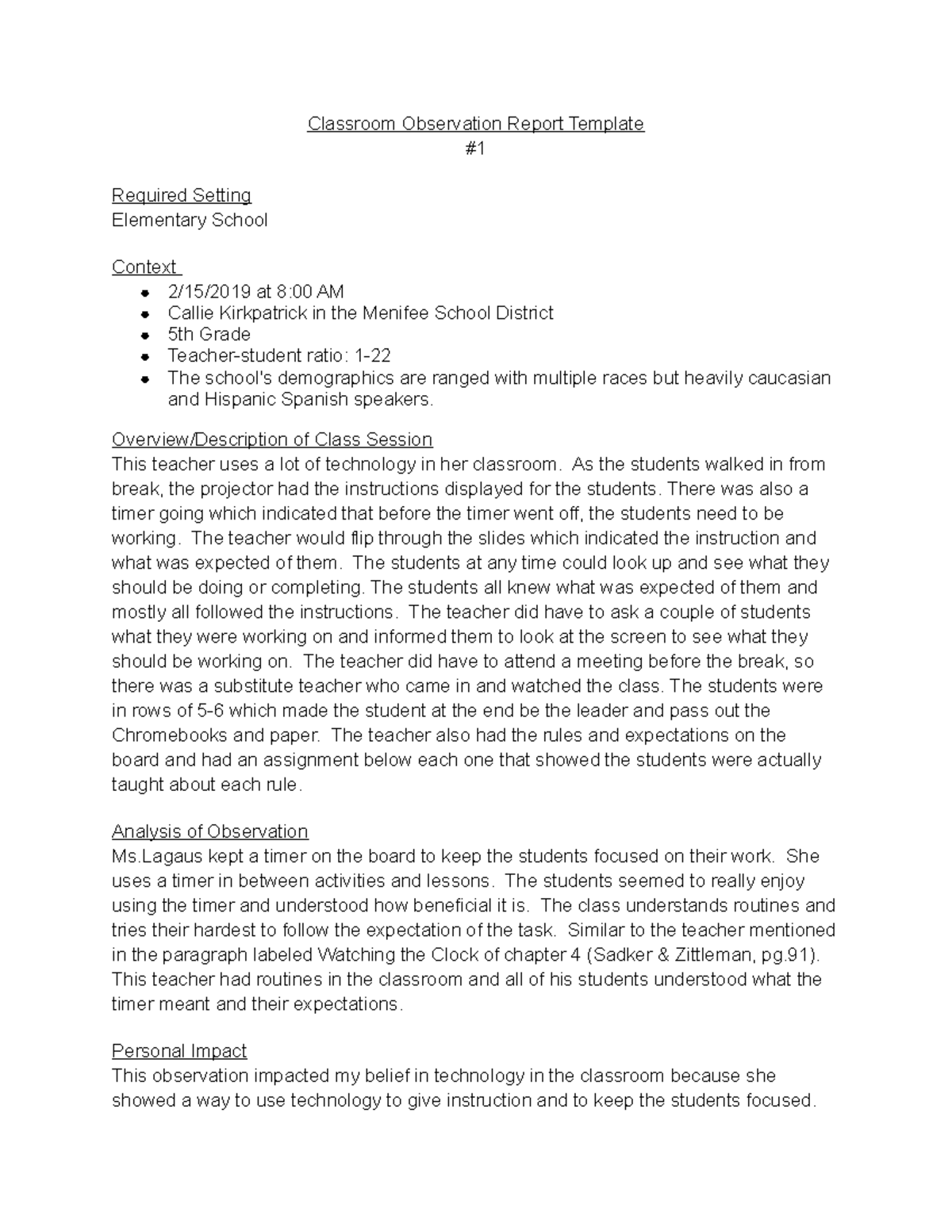 Observation Report #1 - Reading Logs - Classroom Observation Report ...