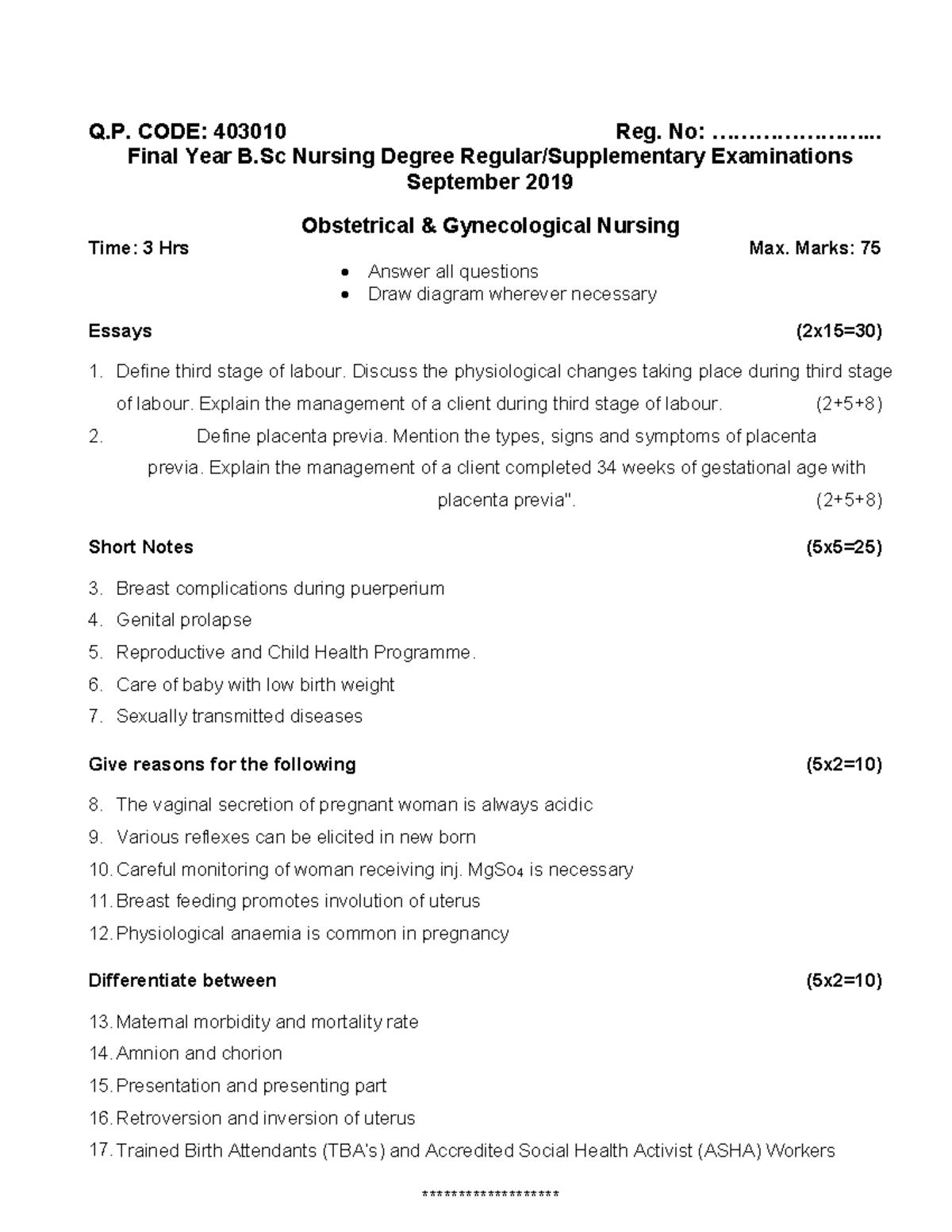 403010 - Previous year question - Q. CODE: 403010 Reg. No ...