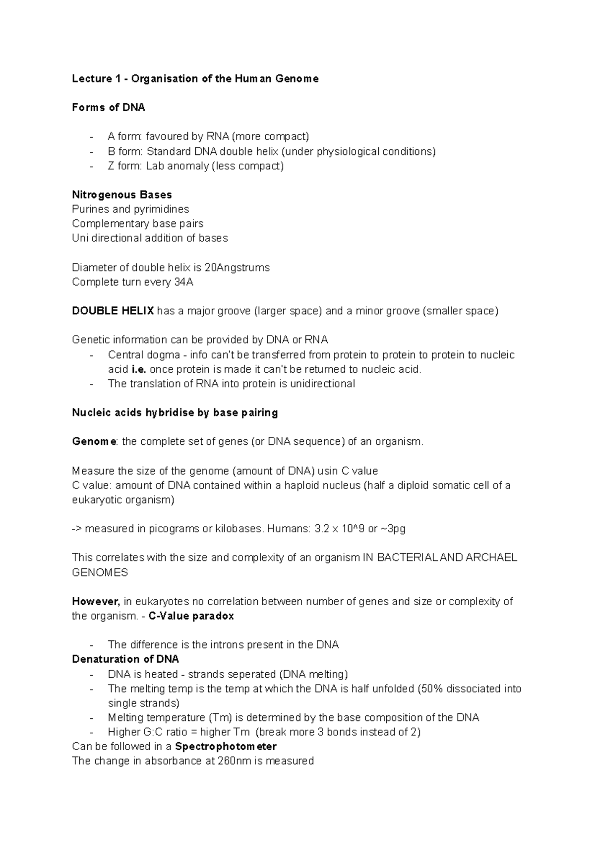 HMB - Lecture 1 - Organisation of the Human Genome - Lecture 1 ...