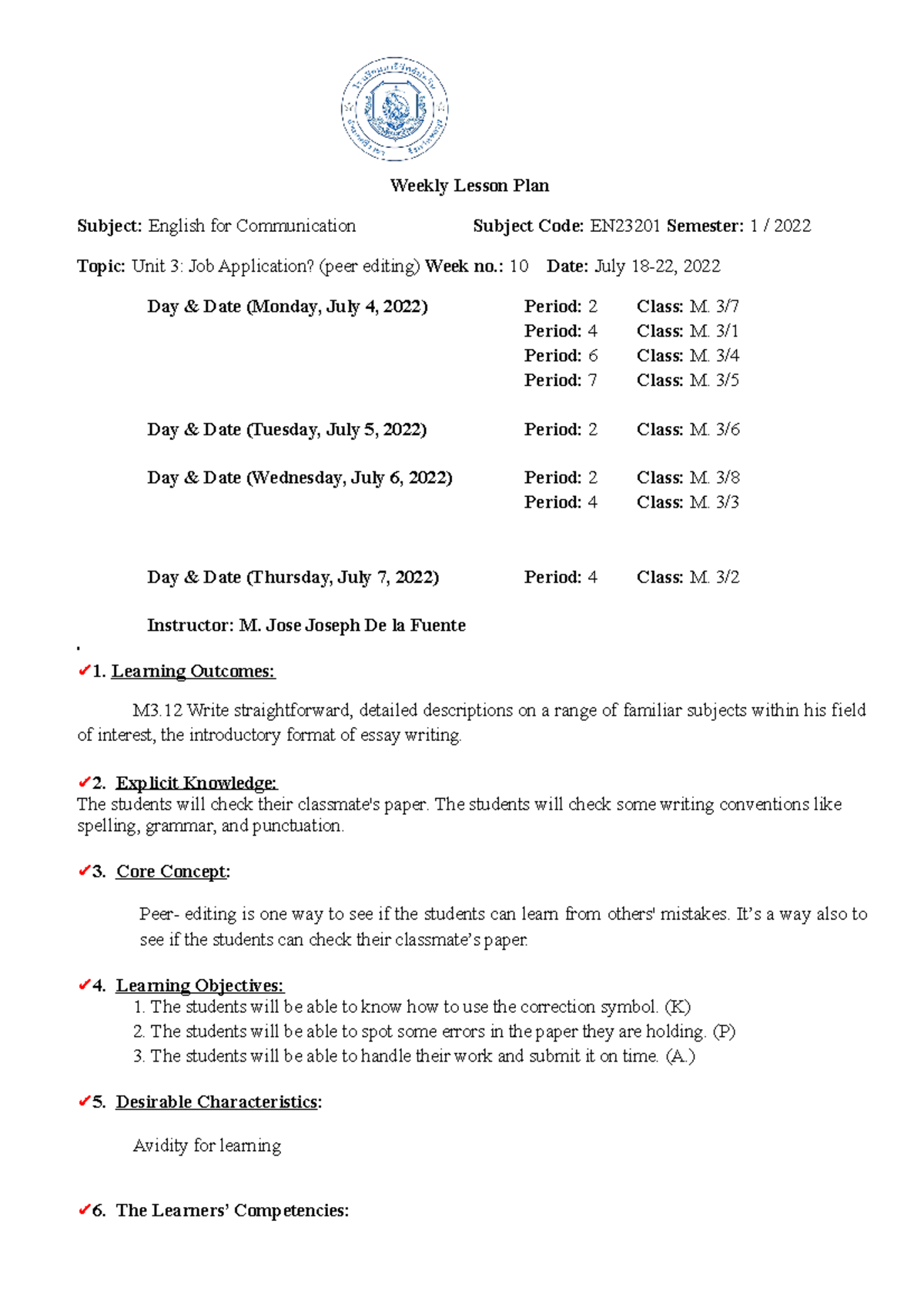 DAY 1 WEEK 10 (M3) - LESSON PLAN ESL - Weekly Lesson Plan Subject ...