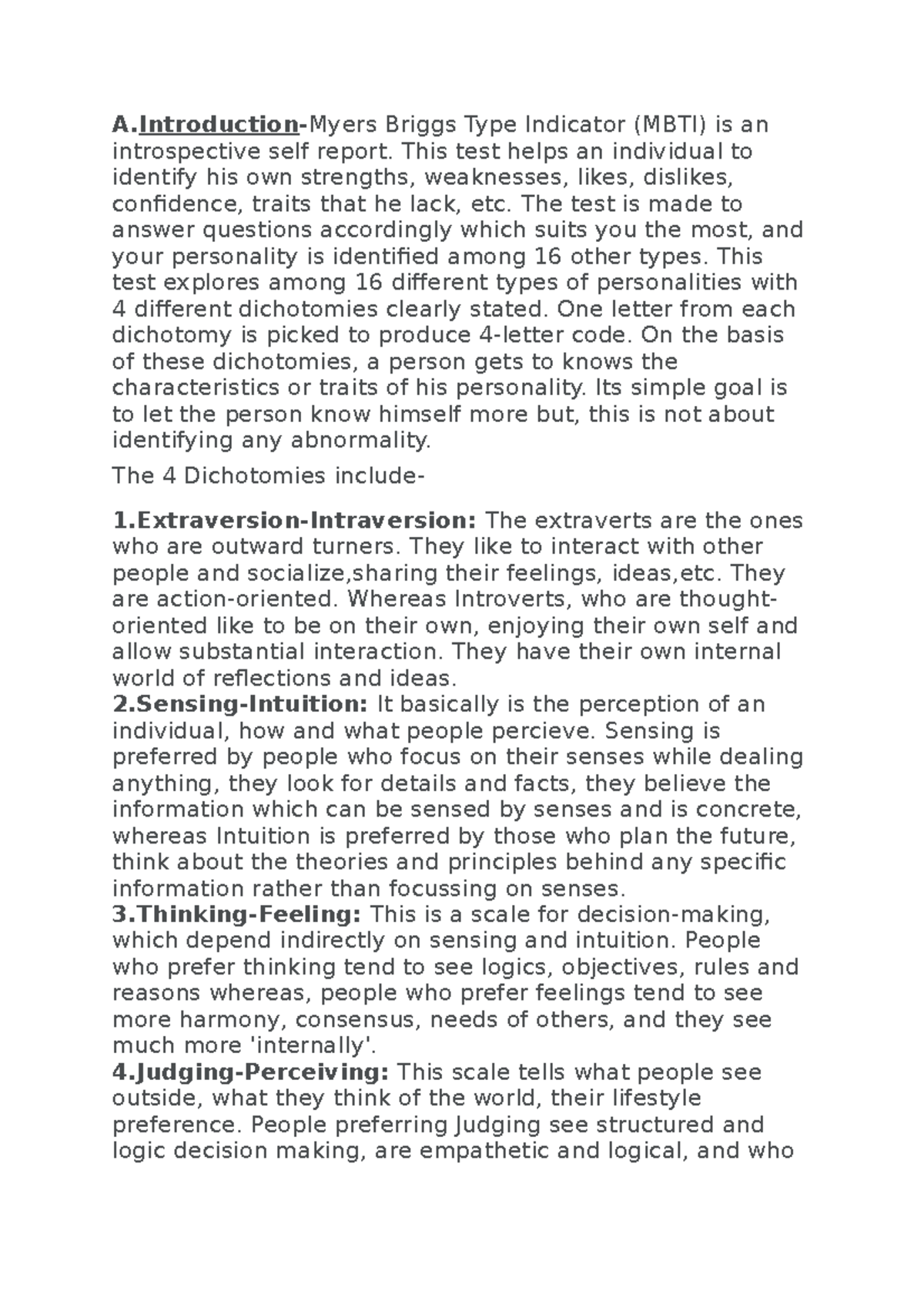 Mgmt 1 - A - Myers Briggs Type Indicator (MBTI) is an introspective ...