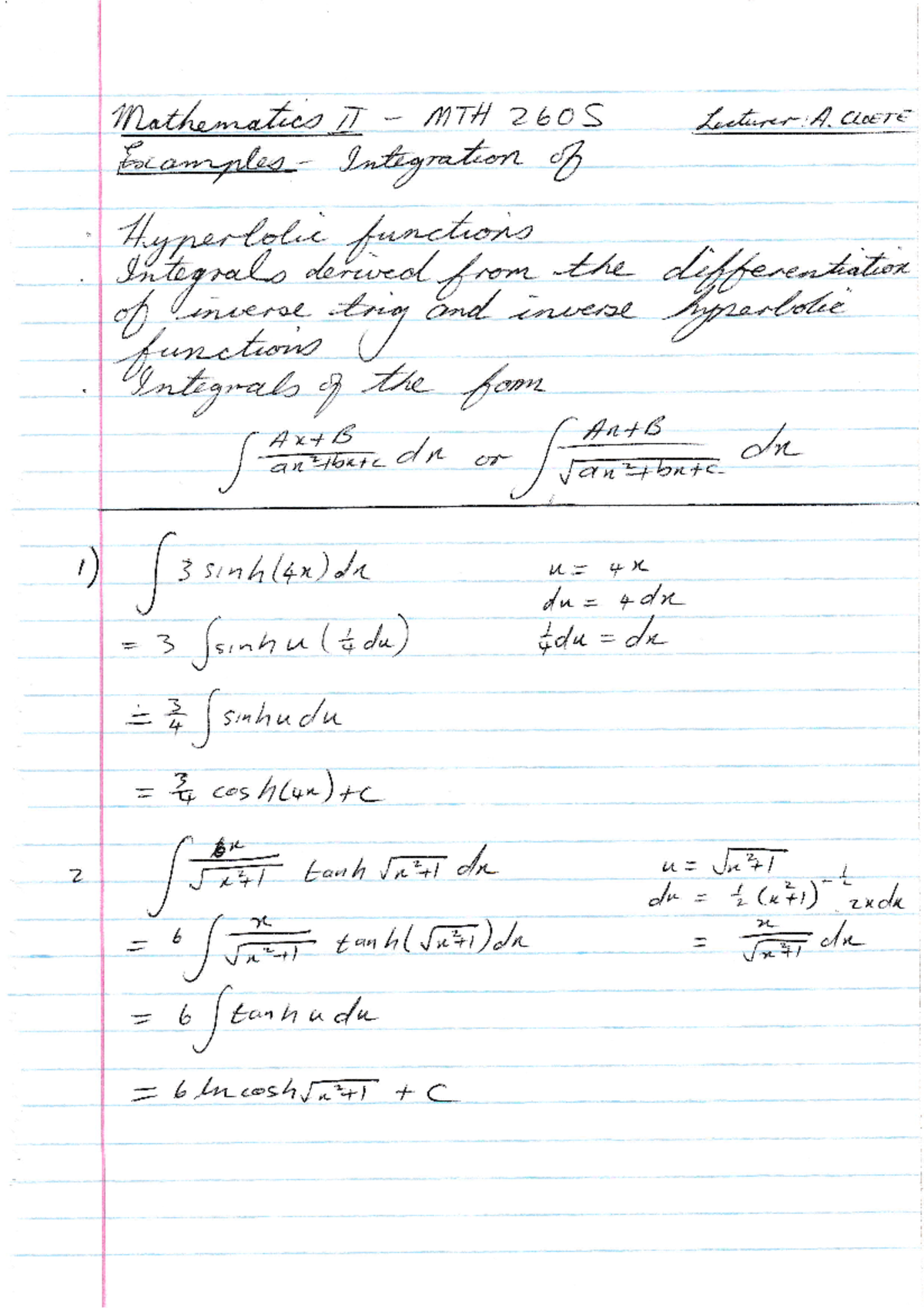 Examples Integrals Inv, trig, hyp - MTH156s - Studocu
