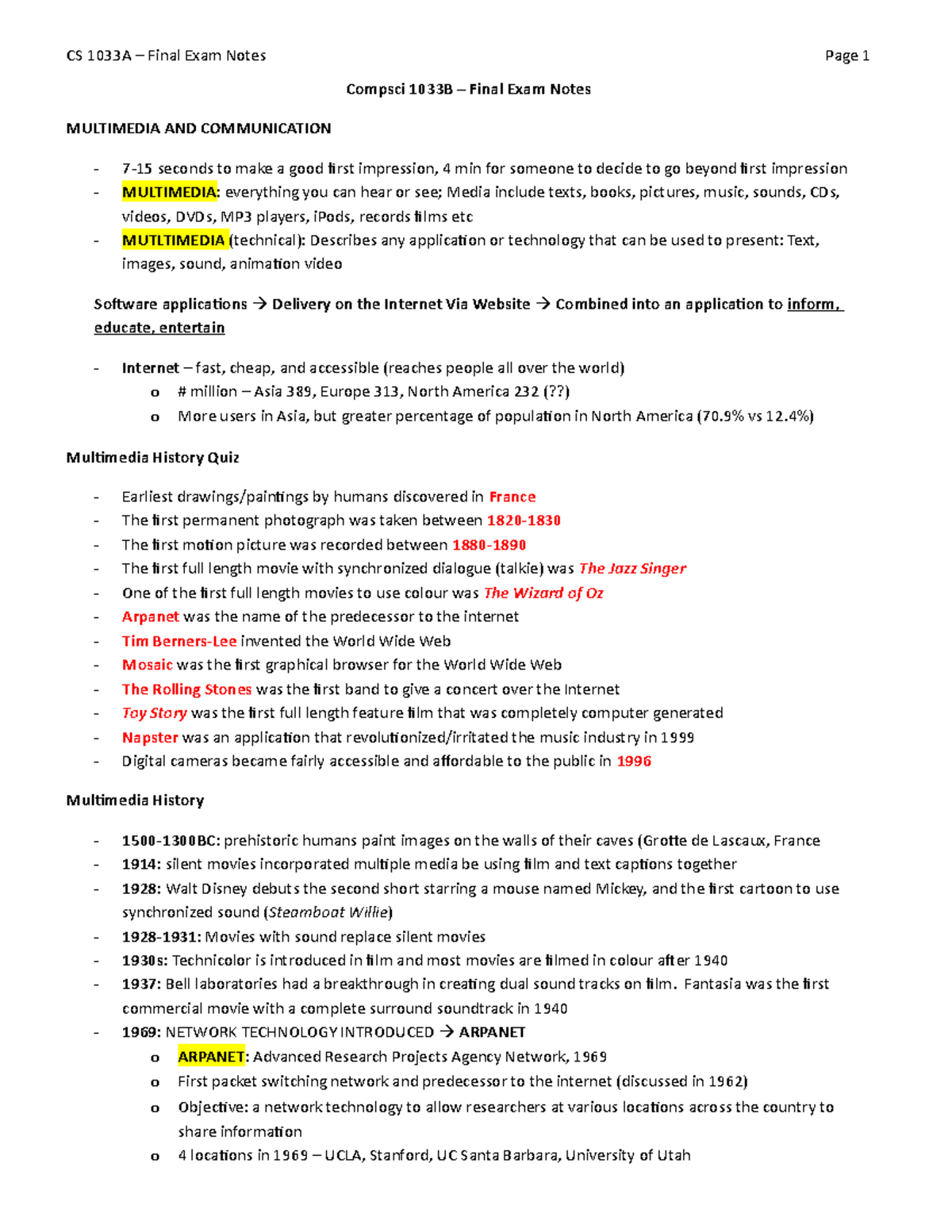 CS1033 - Compsci 1033 - Compsci 1033B – Final Exam Notes MULTIMEDIA AND ...