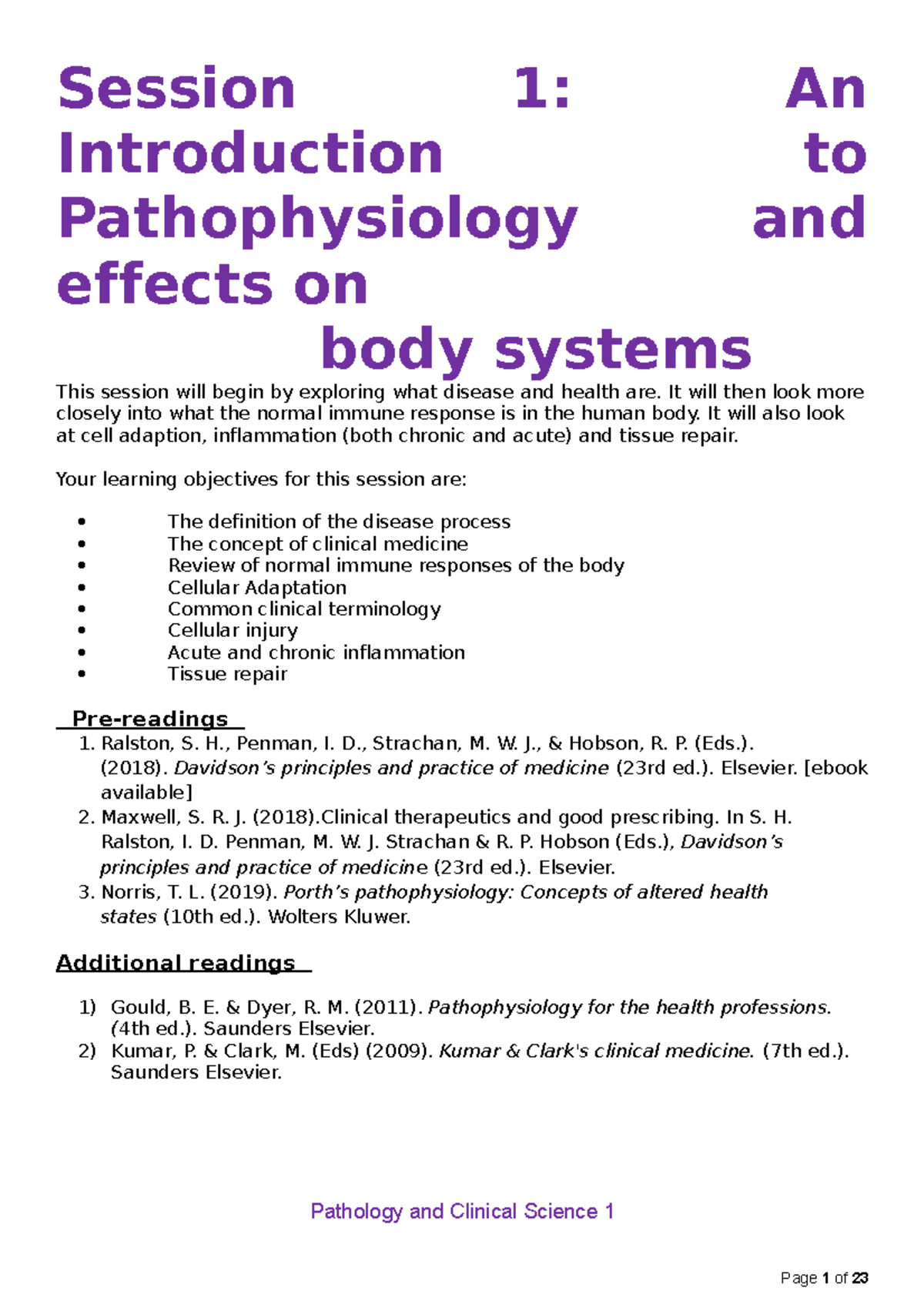 Introduction to Pathophysiology and Effects on Body Systems - Studocu