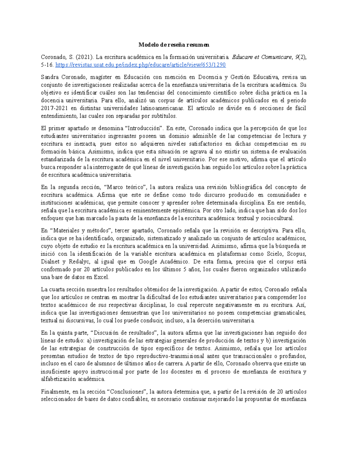 Reseña resumen - redacion - Modelo de reseña resumen Coronado, S. (2021 ...